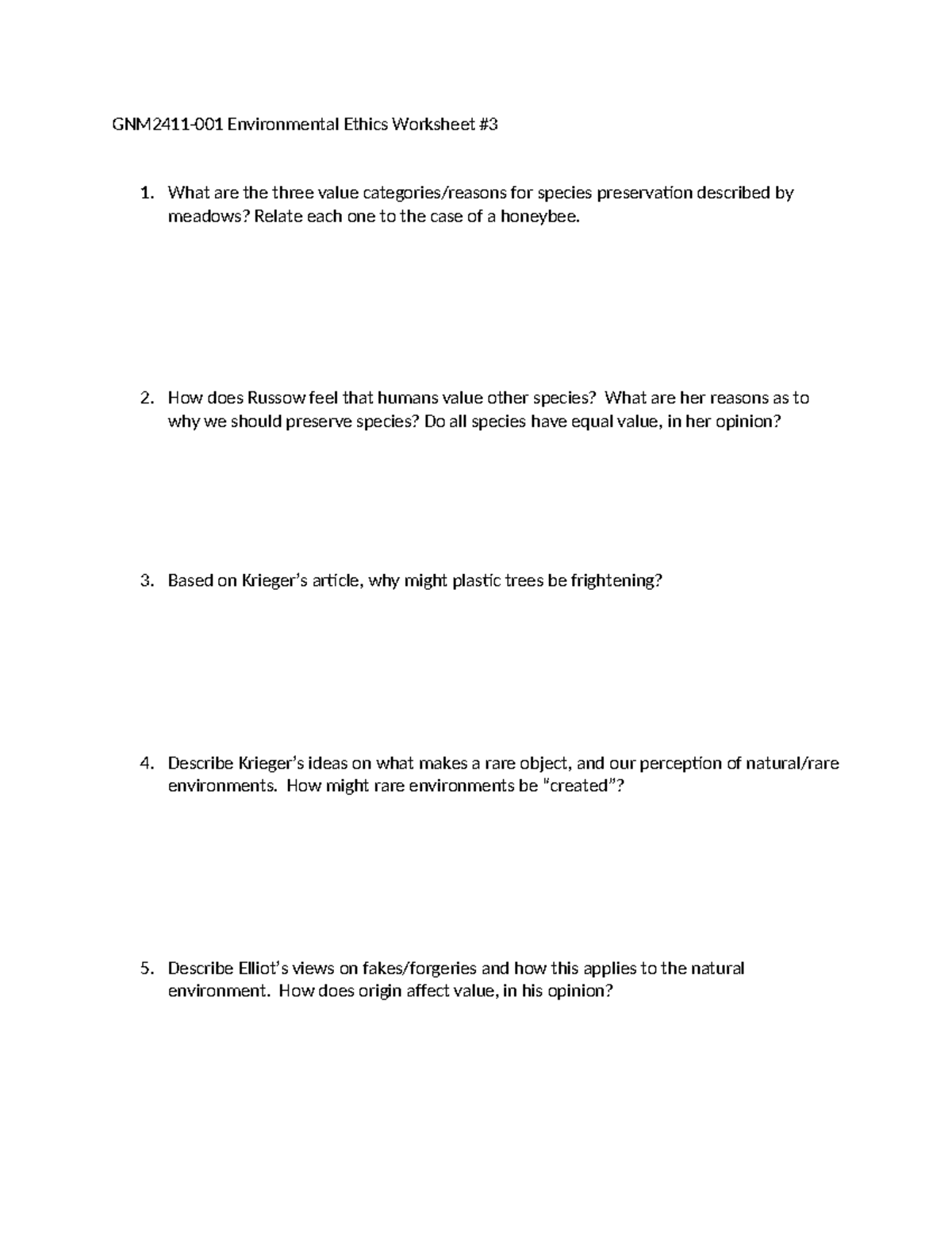 GNM2411-001 Environmental Ethics Worksheet #3: Species Preservation ...
