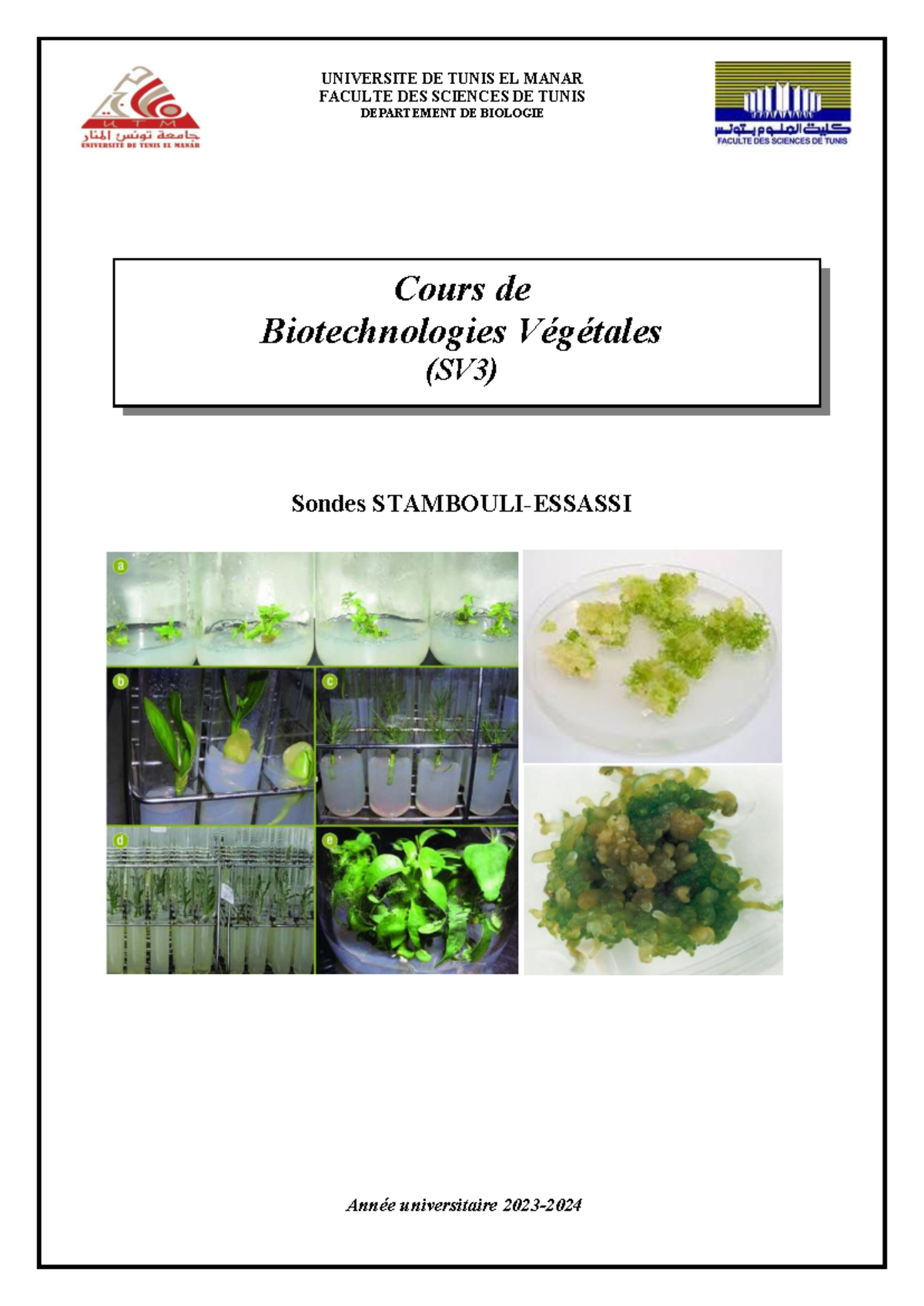 Cours de Biotechnologies Végétales SV3: Techniques de Culture in Vitro 2023/2024 - Studocu