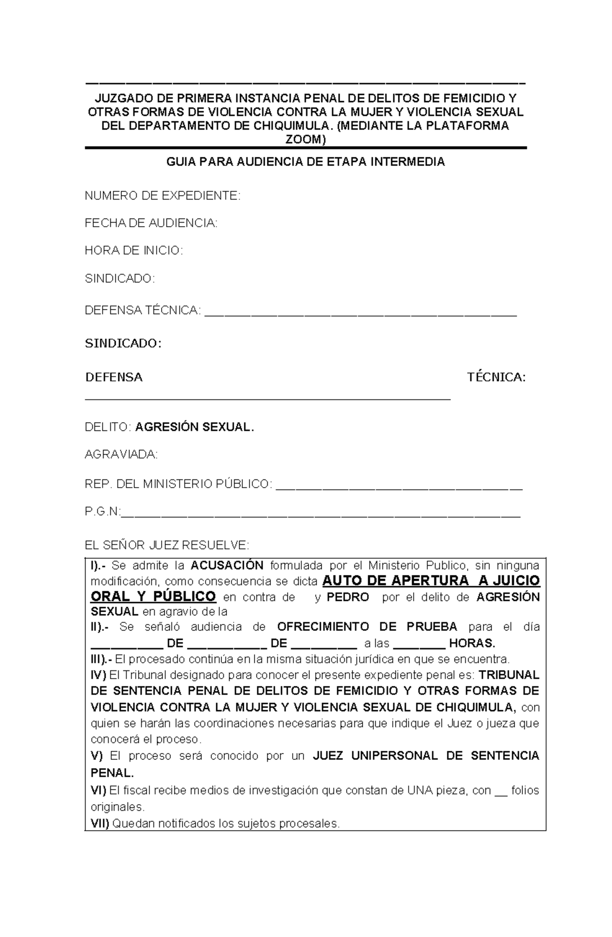 Guía para Audiencia de Etapa Intermedia - Ficha de Delito Sexual - Studocu