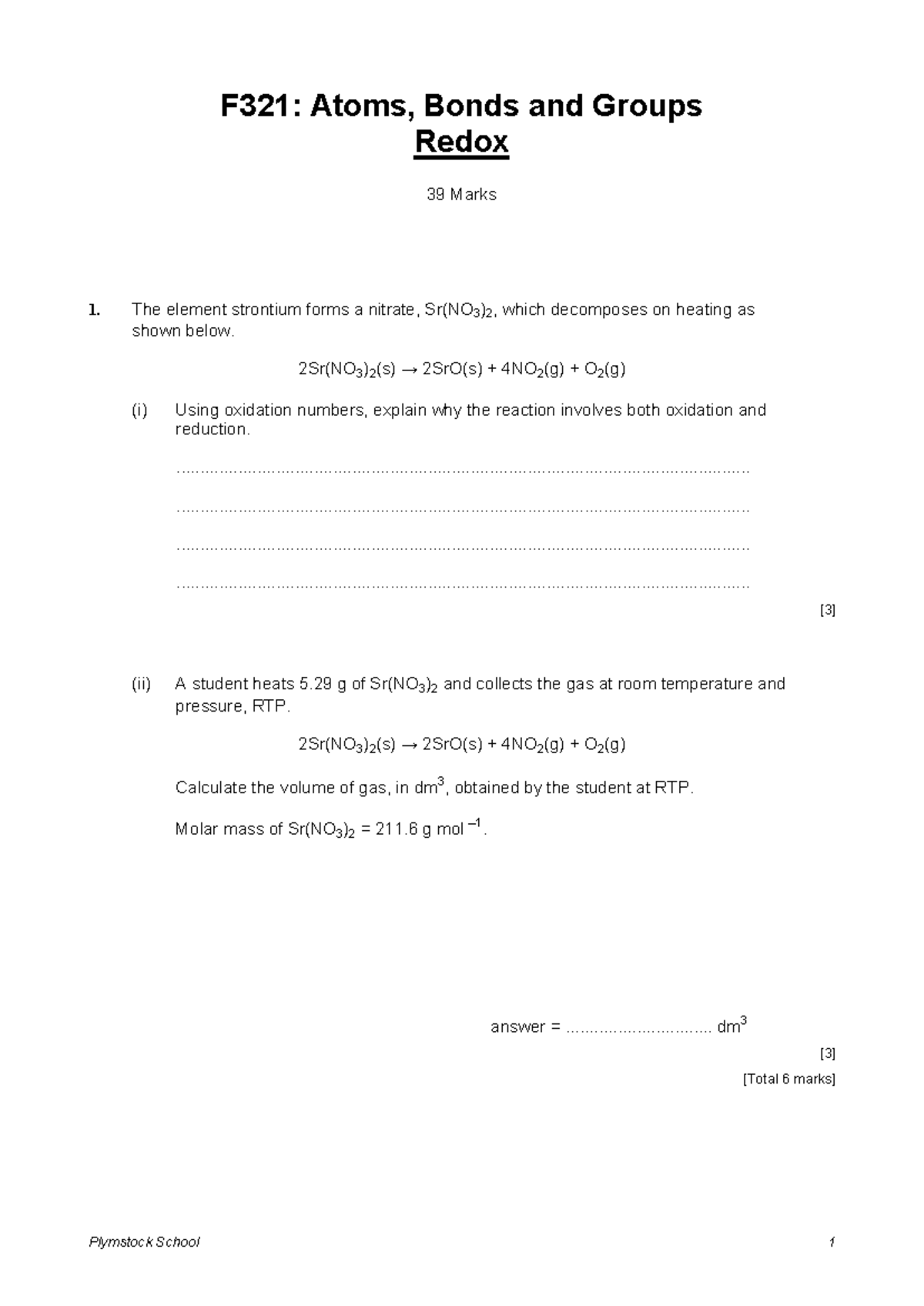 F321: Atoms, Bonds and Groups - Redox Practice Questions - Studocu