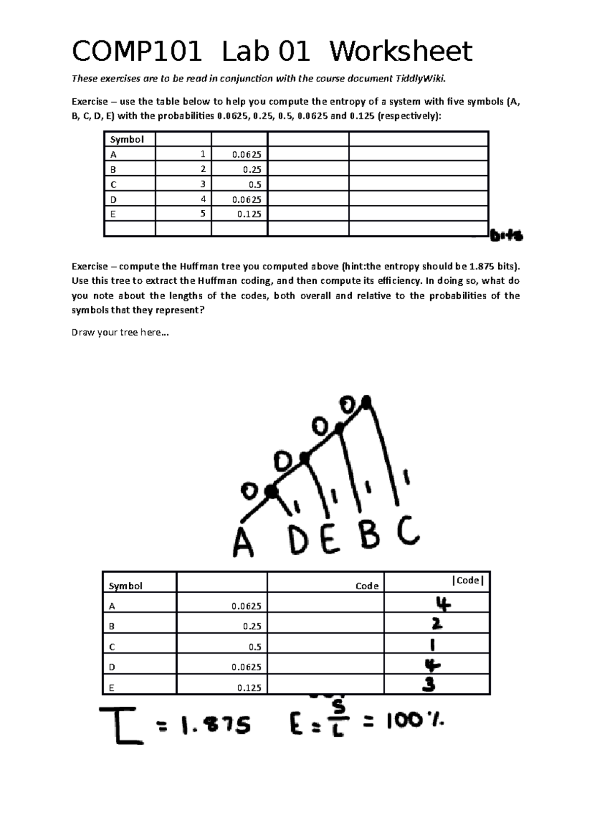 Lab01-Worksheet: Entropy & Huffman Coding Exercises Complete - Studocu