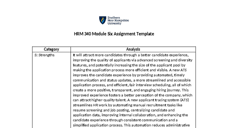 HRM 340 Module Six Assignment: SWOT Analysis of New ATS Implementation ...