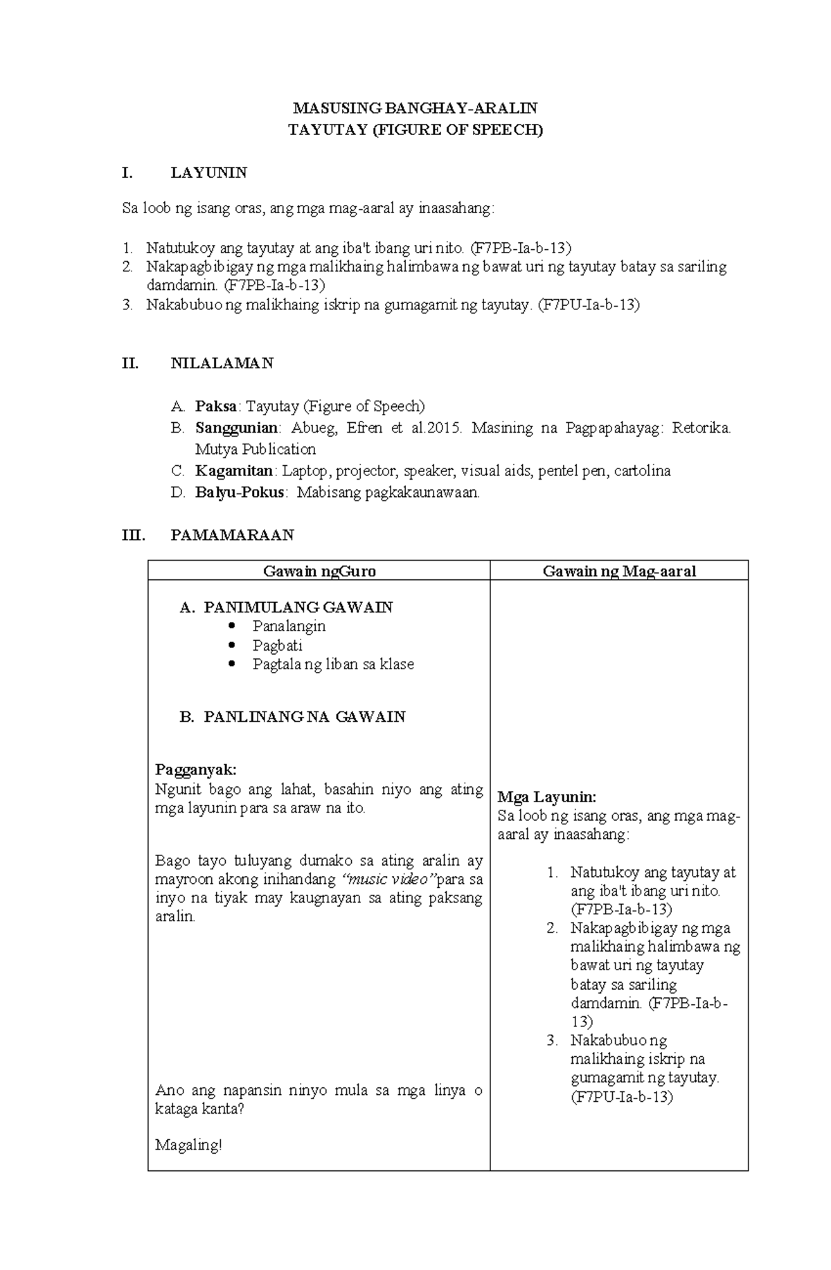 Final Lesson Plan on Tayutay (Figurative Speech) - F7PB-Ia-b-13 - Studocu