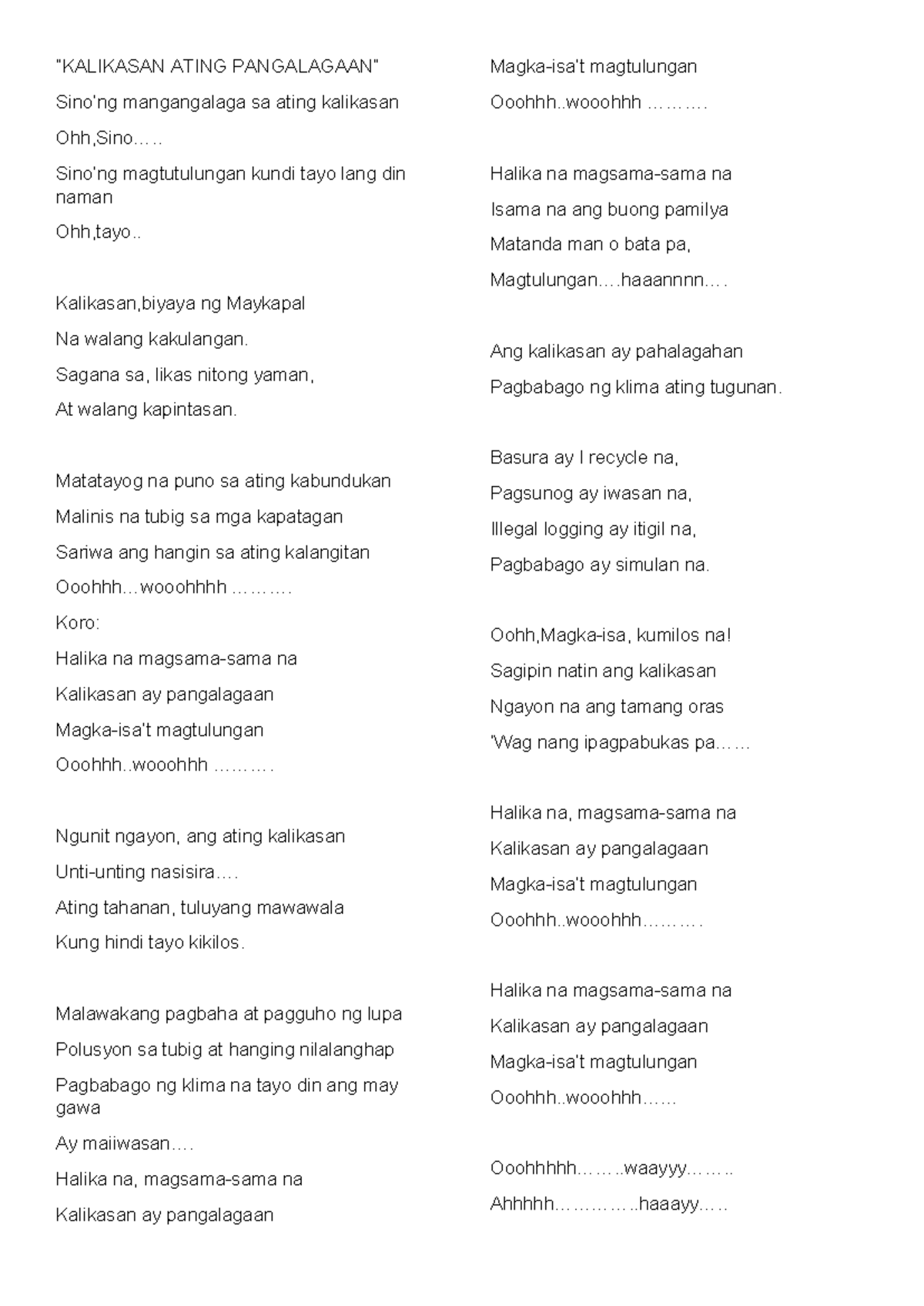 Lyrics of "Kalikasan Ating Pangalagaan" Performance Piece - Studocu