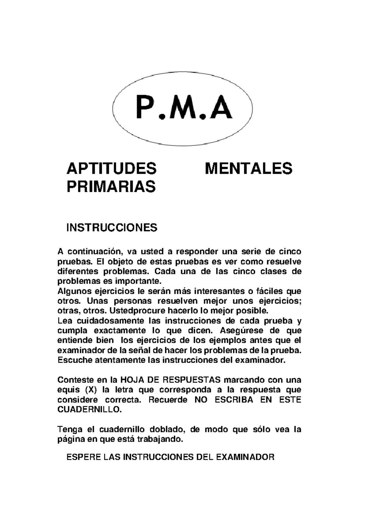PMA - Cuadernillo de Pruebas de Aptitudes Mentales - Studocu