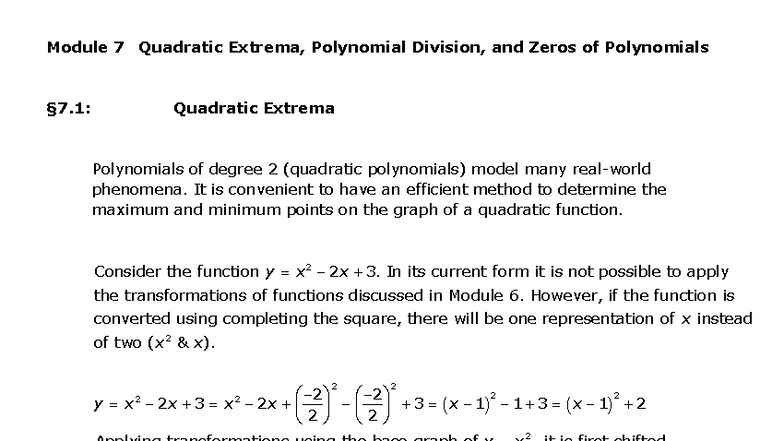 Precalculus Module 7: Quadratic Extrema, Polynomial Division & Zeros ...