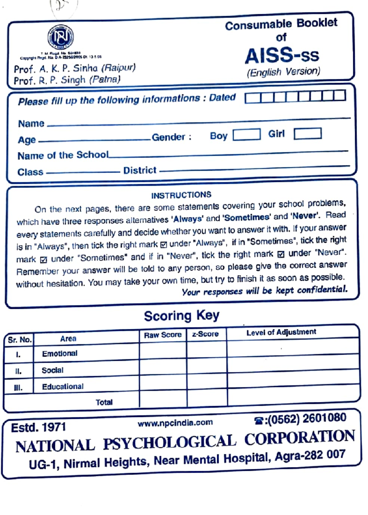 Adjustment Inventory for School Students (SS) (Eg) RP17 - Studocu