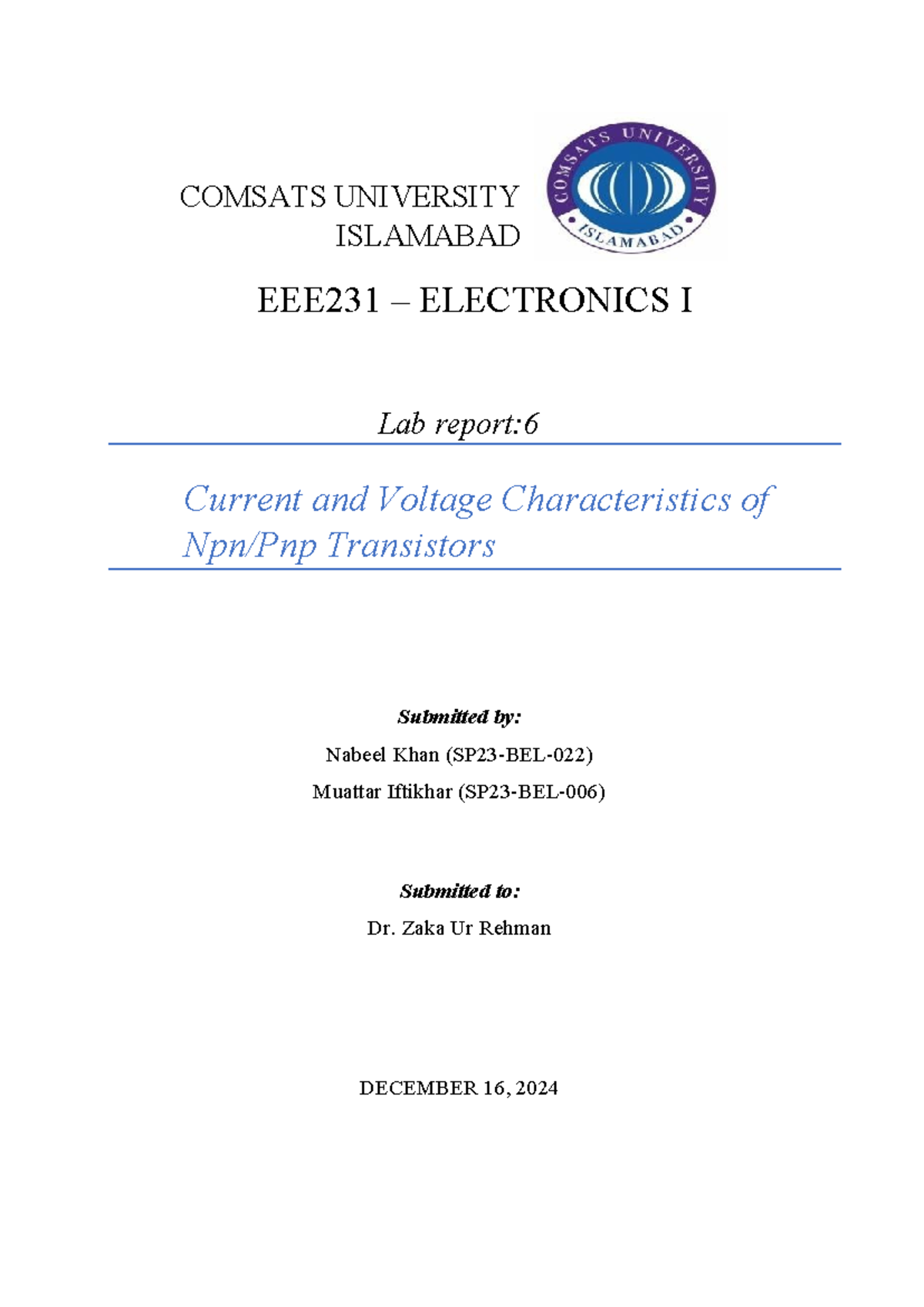 Lab report 6(E1) - nkjo - COMSATS UNIVERSITY ISLAMABAD EEE231 ...