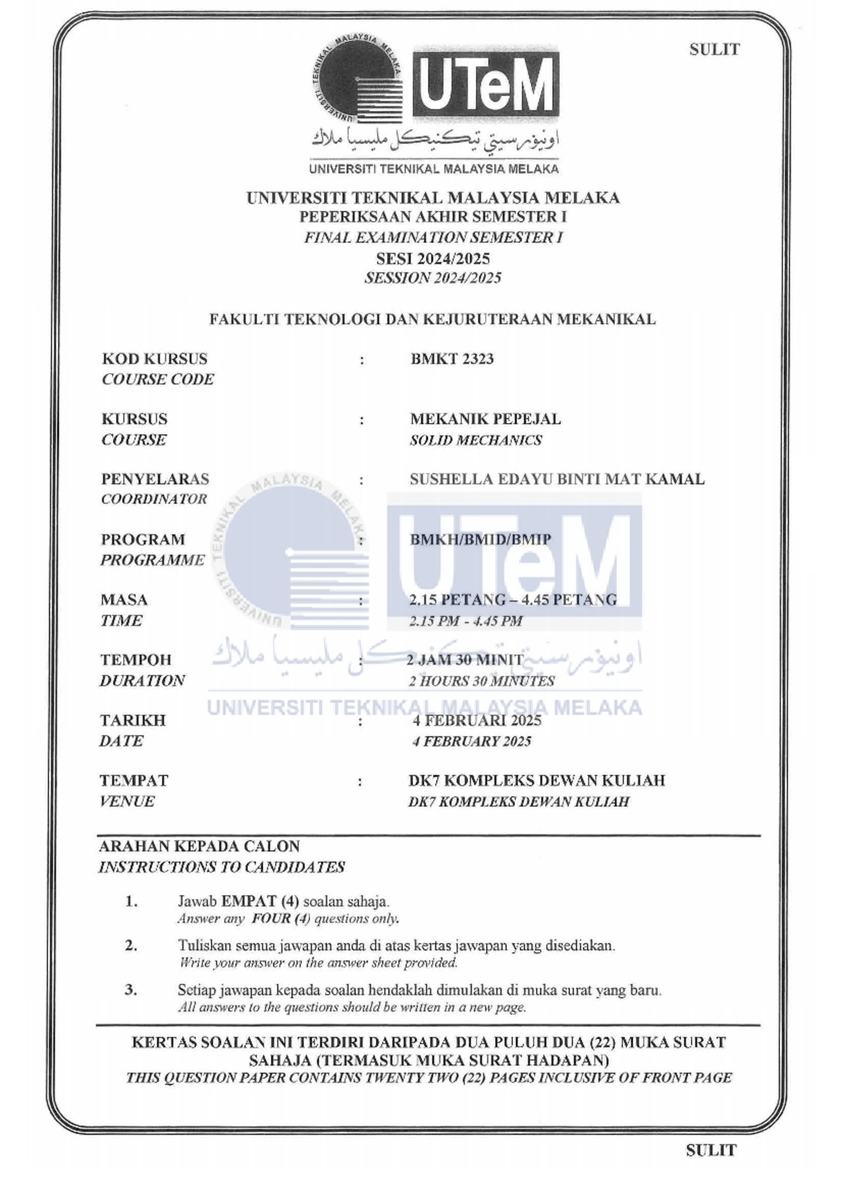 BMKT 2323 Final Exam Semester I: Solid Mechanics 2024/2025 - Studocu