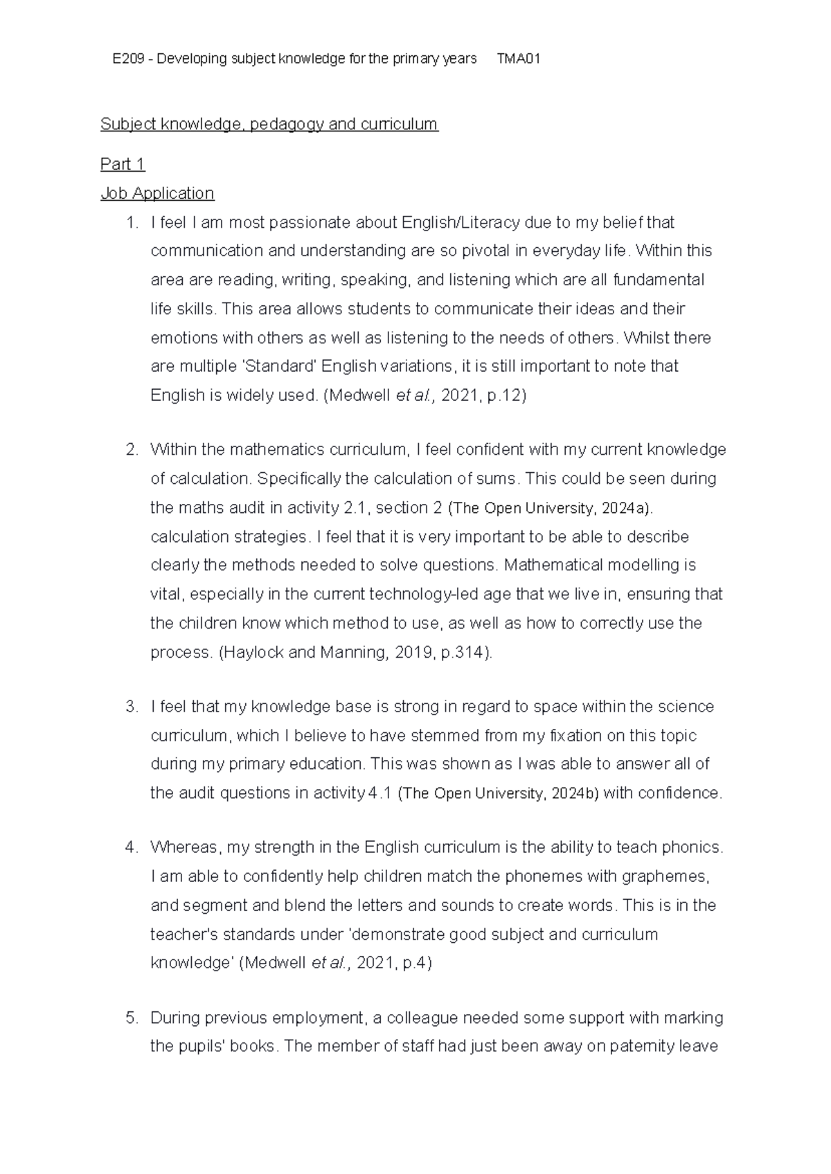 E209 TMA01 - GM - Subject knowledge, pedagogy and curriculum - Subject ...