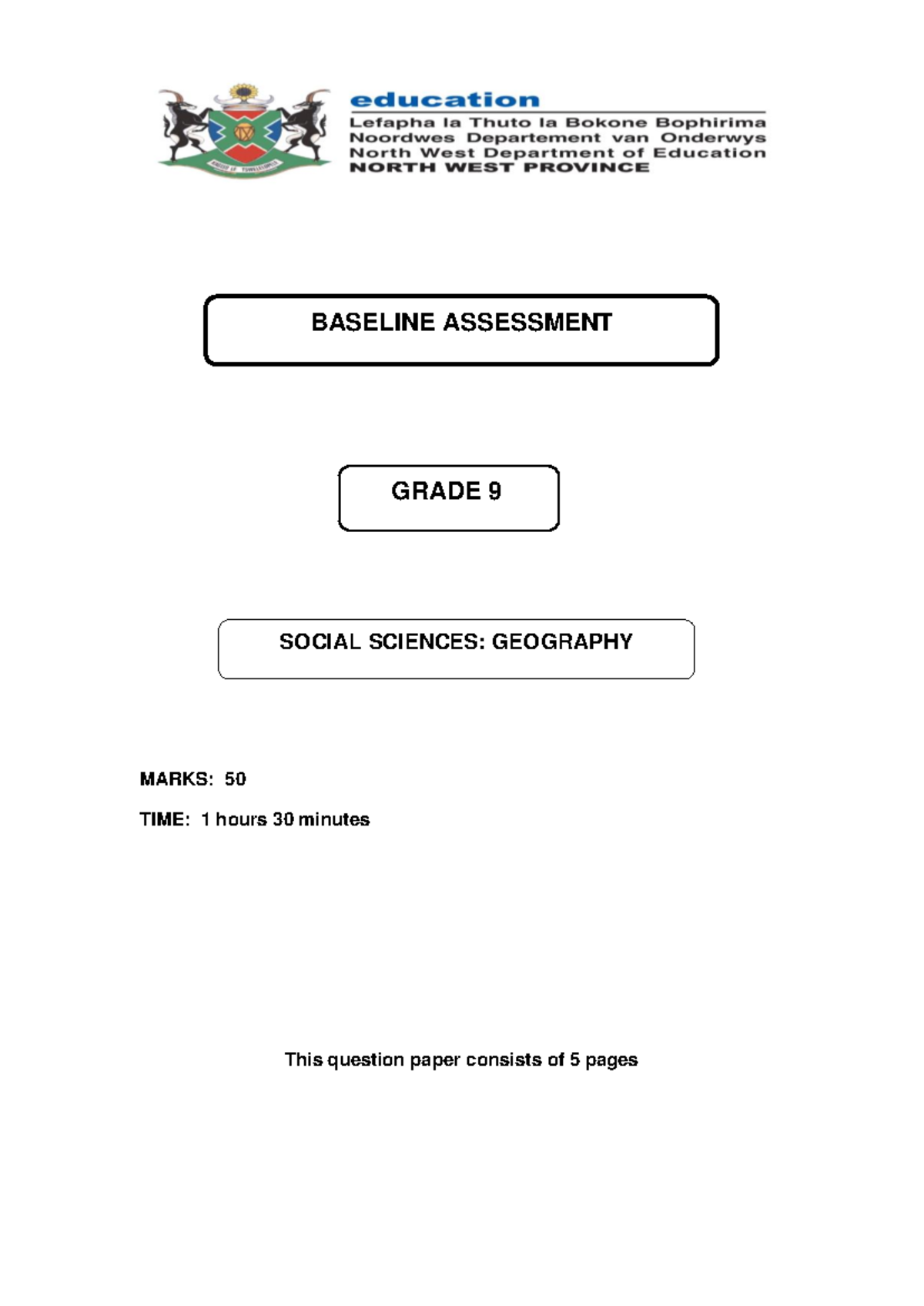 2023 GEO GR 9 Baseline Assessment Social Sciences January Exam - Studocu