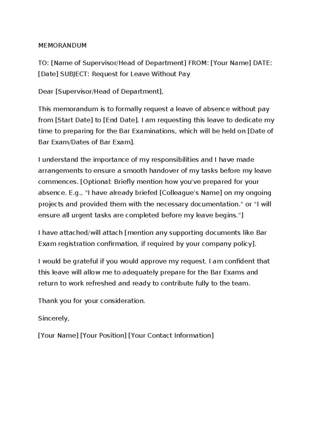 Memorandum Template: Leave Request for Bar Exam Preparation - Studocu