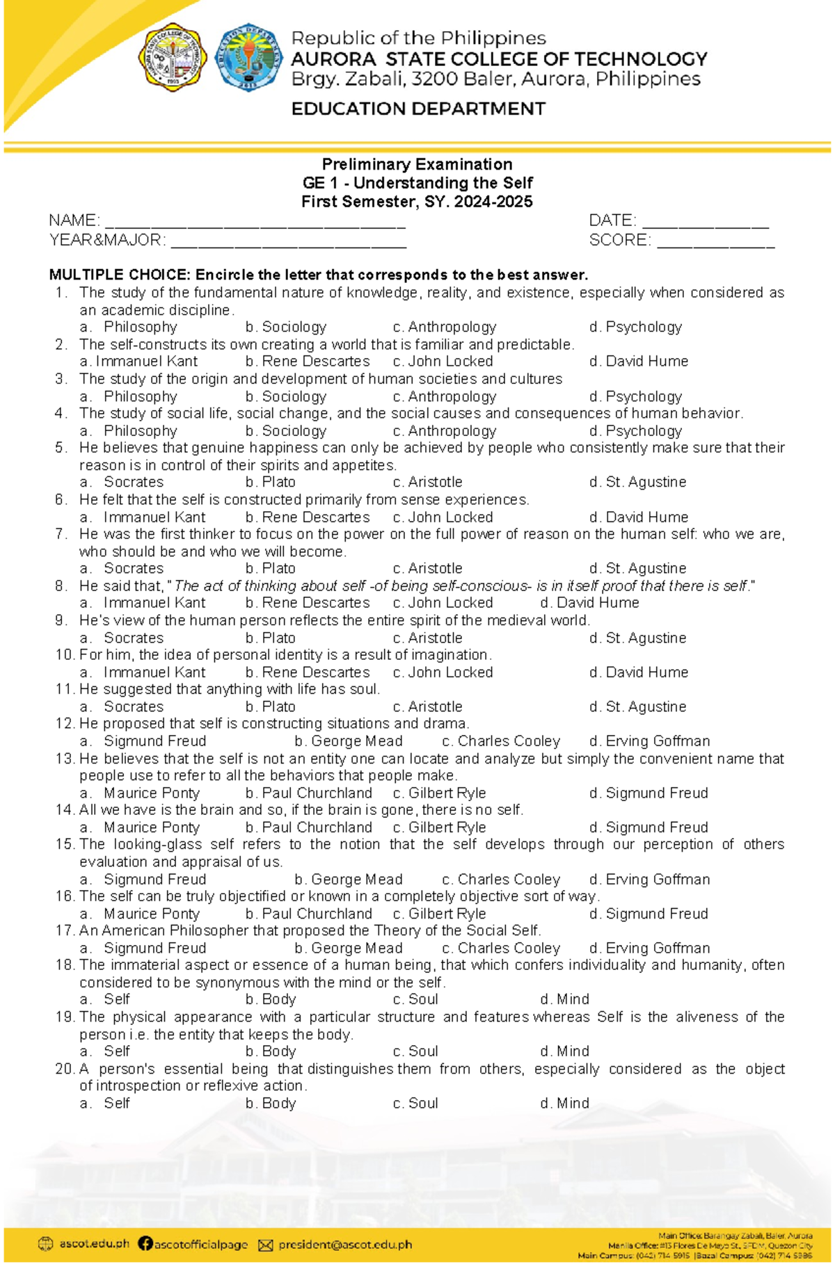 GE 1 Preliminary Exam - Understanding the Self Final Exam 2024 - Studocu