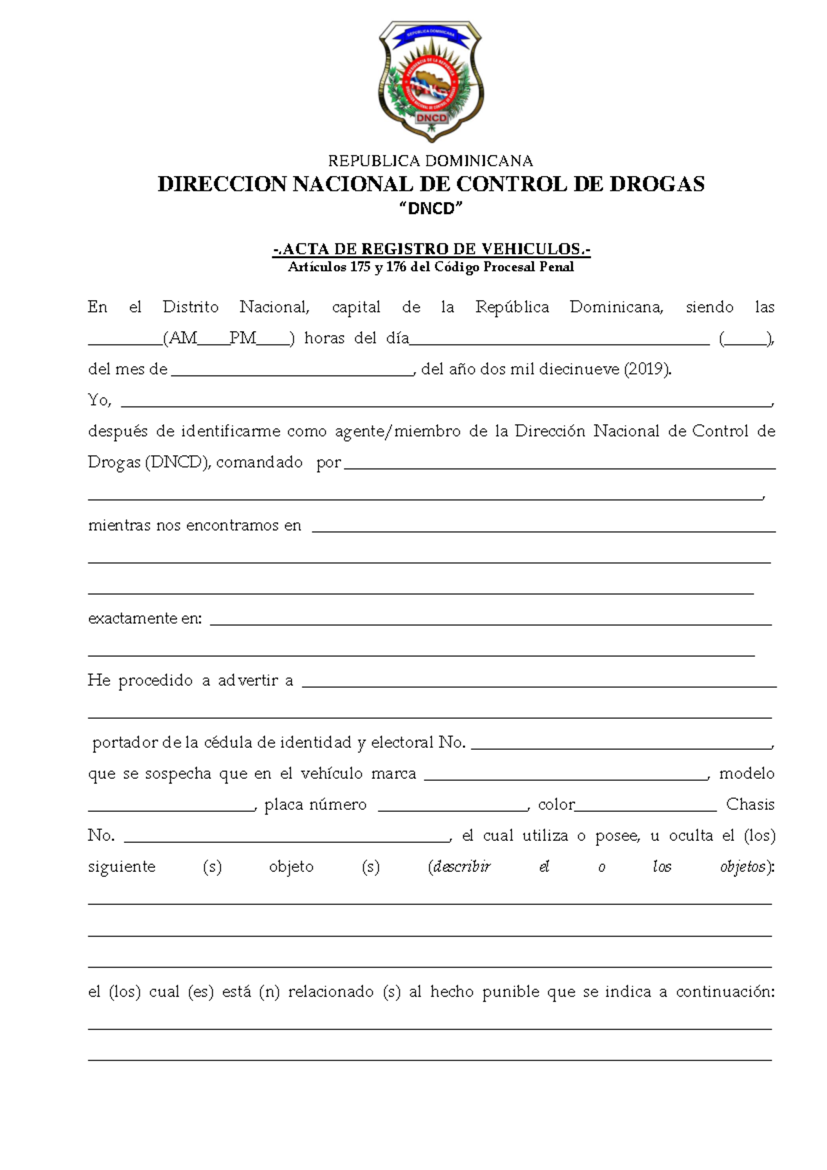 ACTA DE Registro de Vehículo - DNCD - República Dominicana 2019 - Studocu