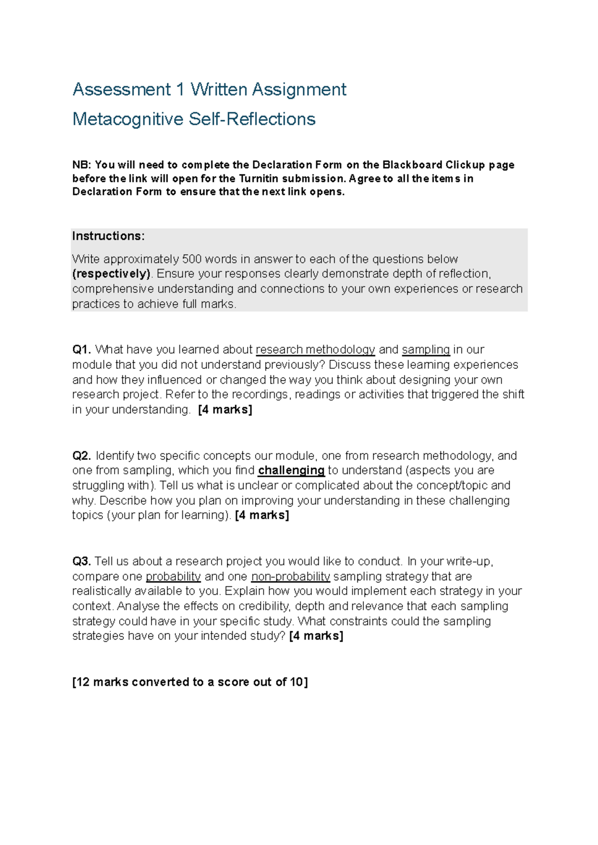 Assessment 1: Metacognitive Self-Reflections - Studocu