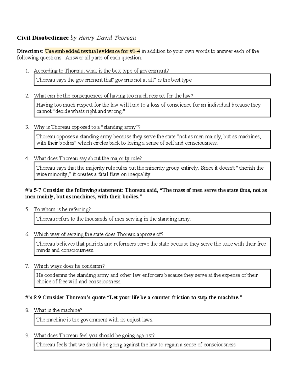 CC - Civil Disobedience Questions Cast - Civil Disobedience by Henry ...