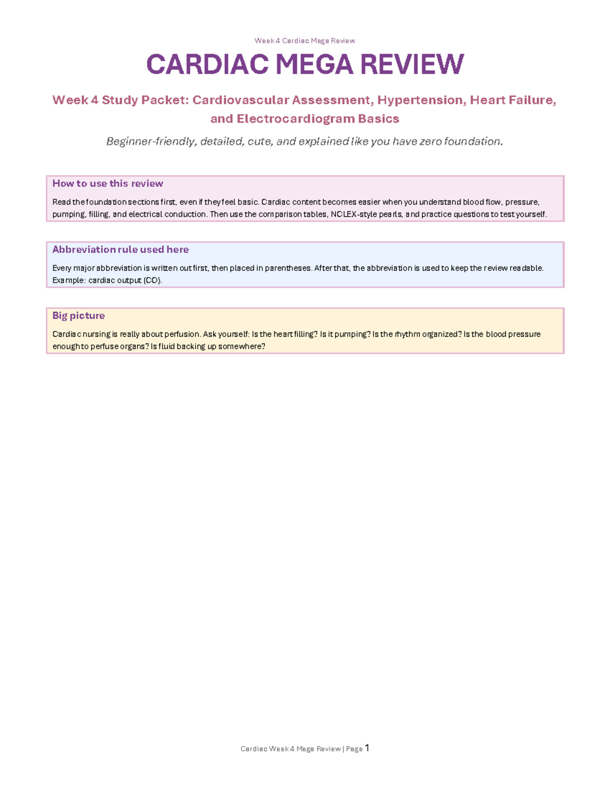 Week 4 Cardiac Mega Review: Key Concepts in Cardiovascular Assessment ...