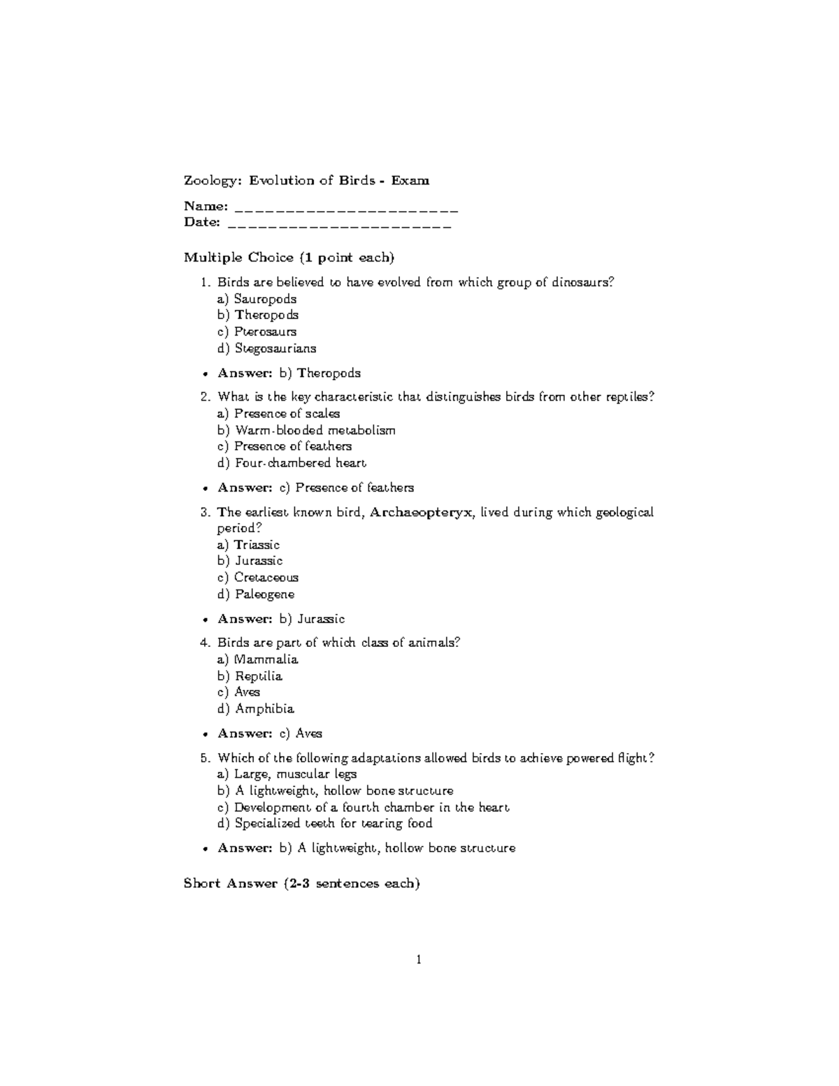 Zoology Evolutio Birds - Zoology: Evolution of Birds - Exam Name ...
