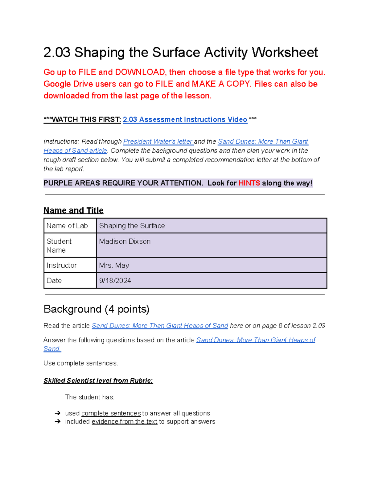 Copy of 2.03 Shaping the Surface Activity - 2 Shaping the Surface ...
