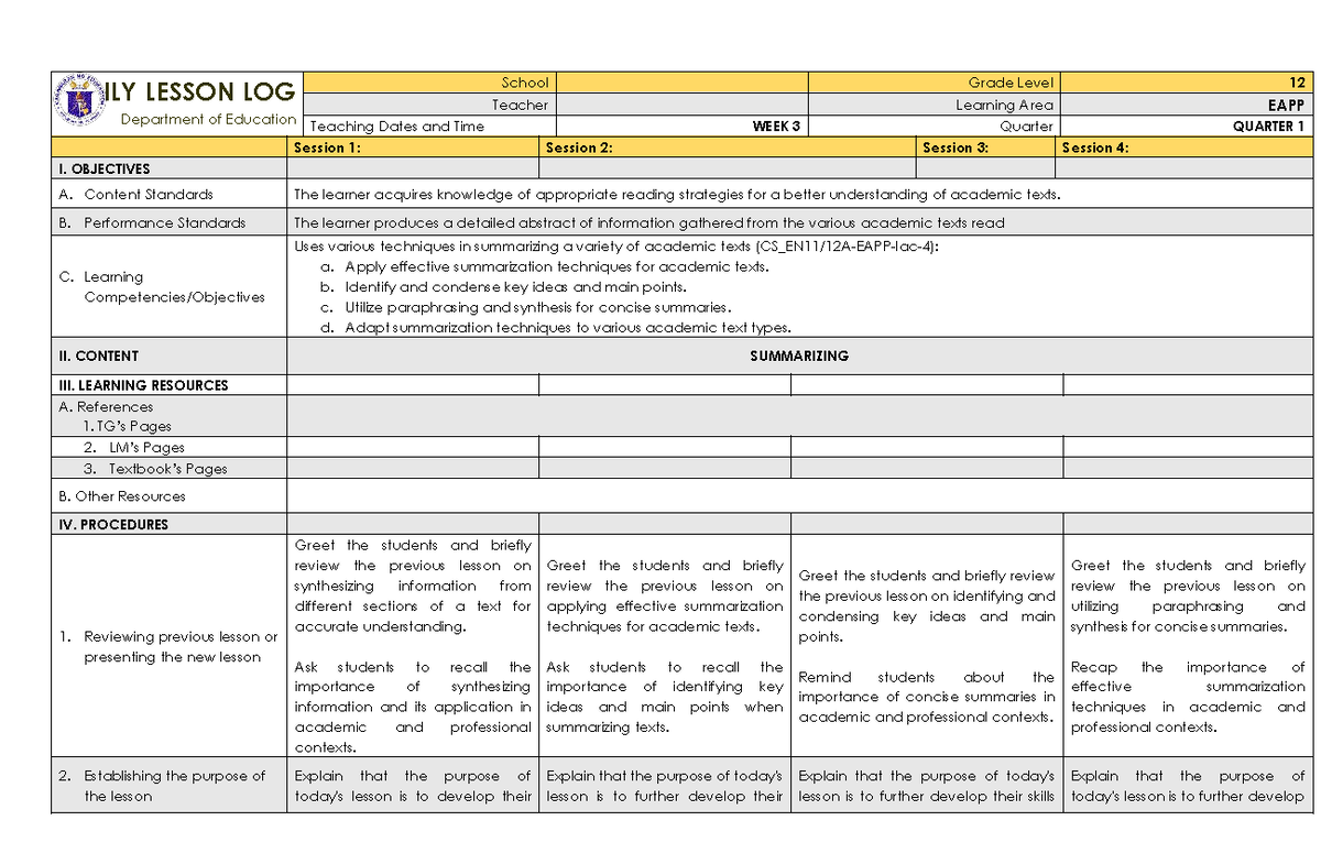 EAPP Grade 12 Quarter 1 Week 3 Daily Lesson Log - Studocu