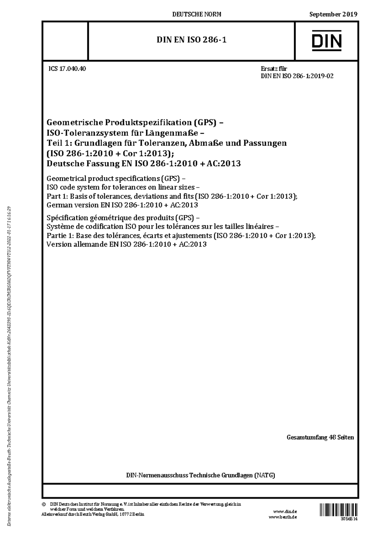 EN ISO 286-1:2010 + AC:2013 - Grundlagen für Toleranzen und Passungen ...