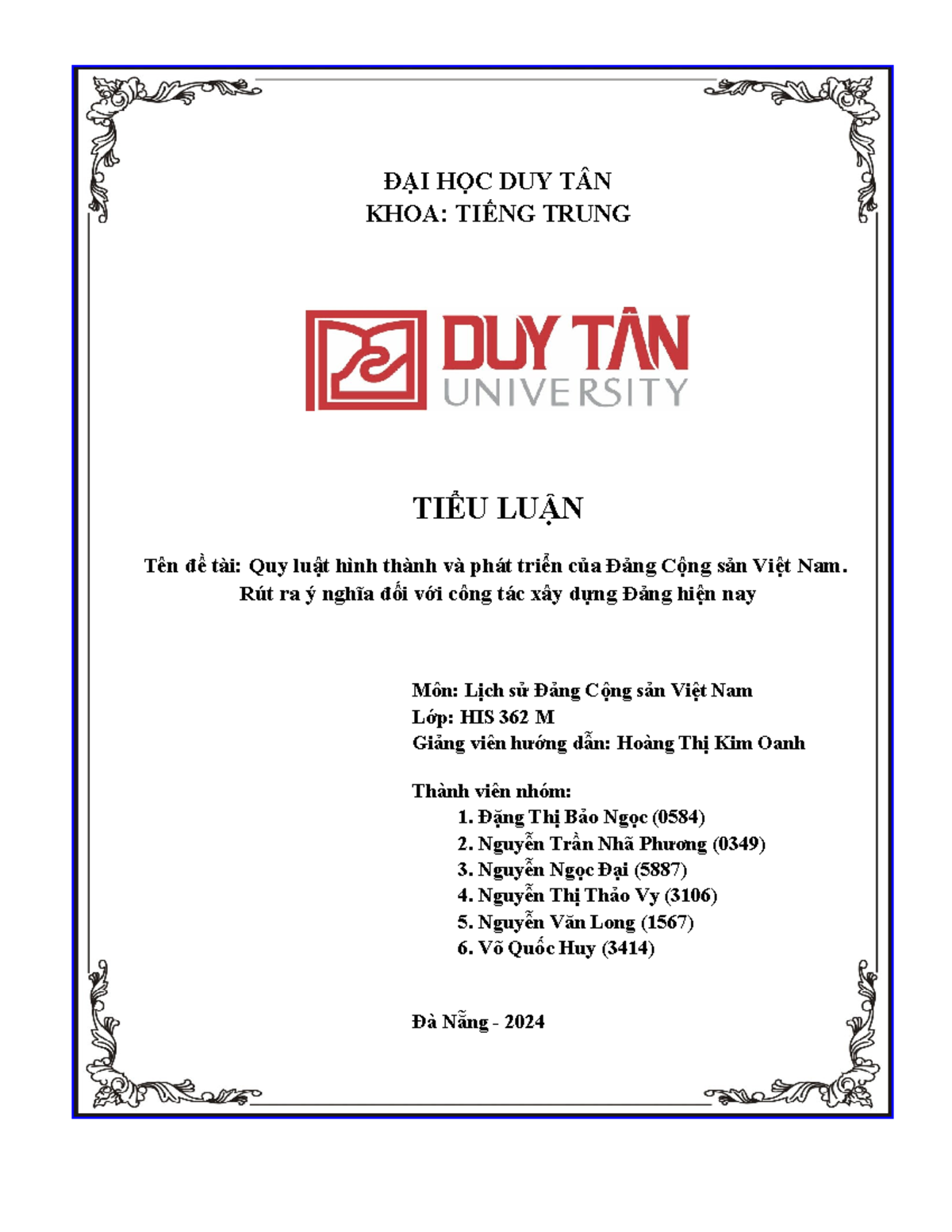 Tiểu luận lịch sử Đảng - Vbbbbbb - ĐẠI HỌC DUY TÂN KHOA: TIẾNG TRUNG ...