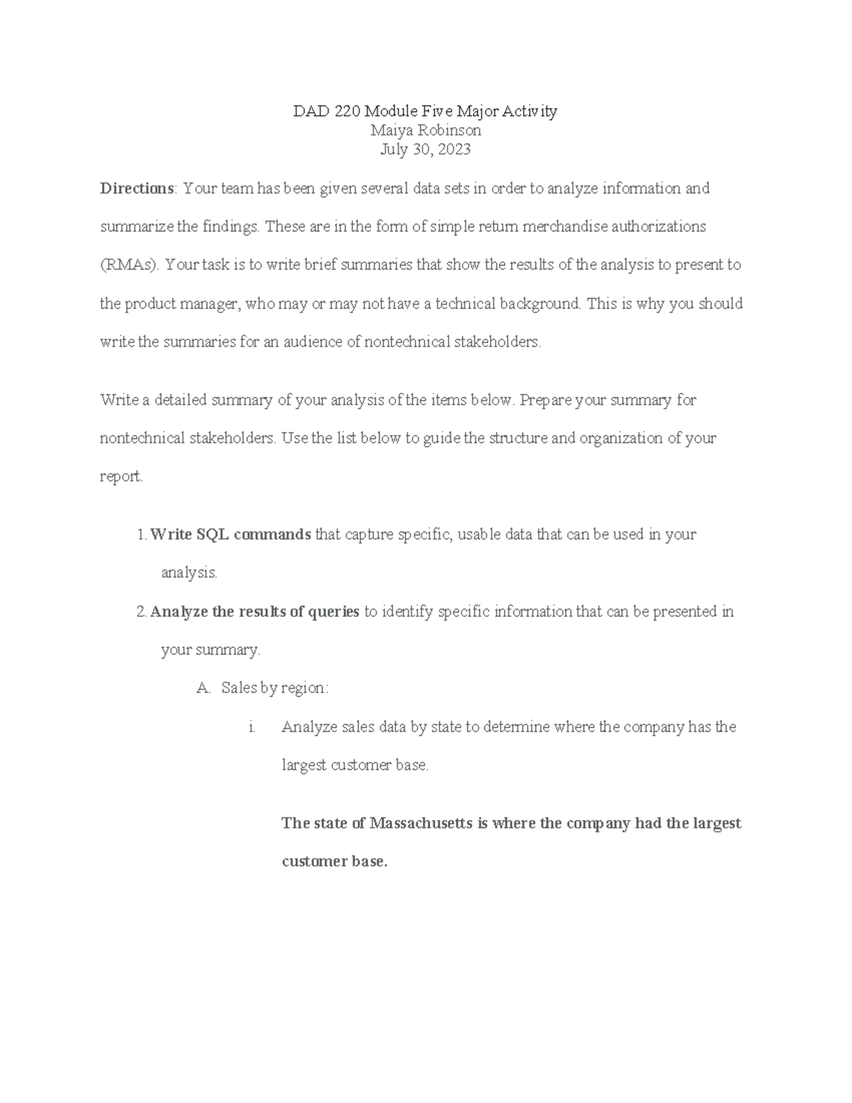 DAD 220 Module 5 Analysis Summary for Nontechnical Stakeholders - Studocu