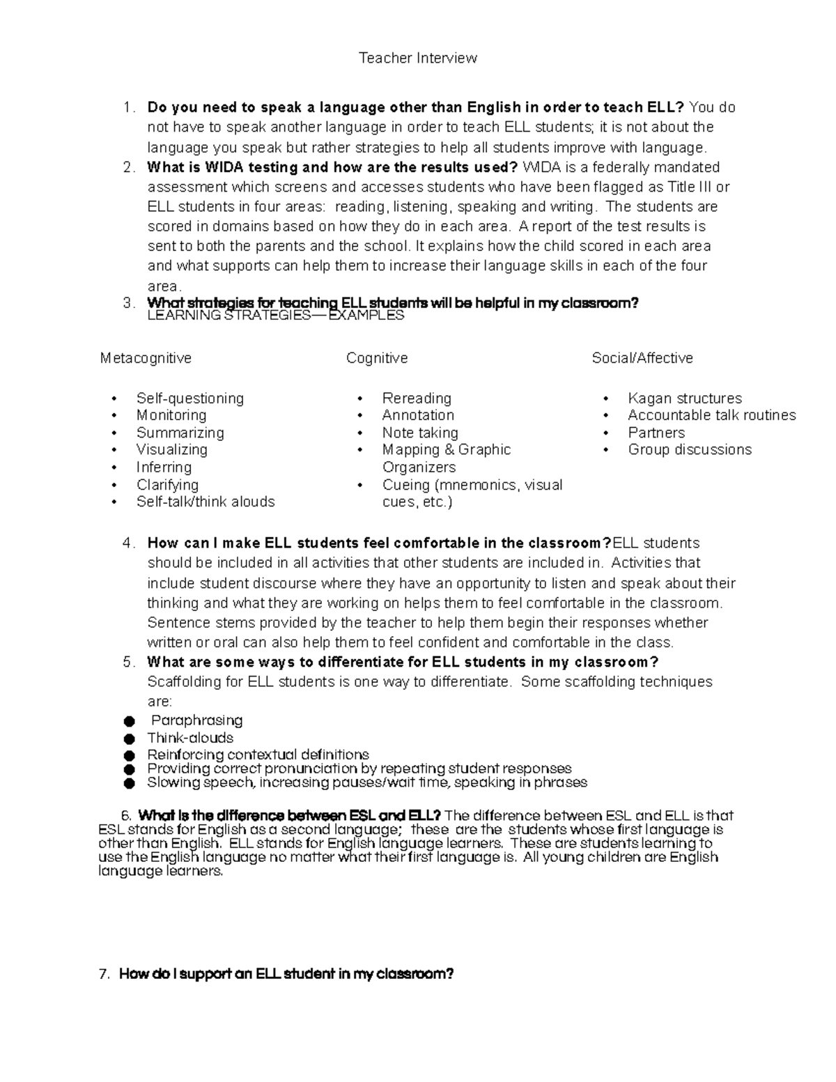 ELL Teacher Interview Responses - Do you need to speak a language other ...