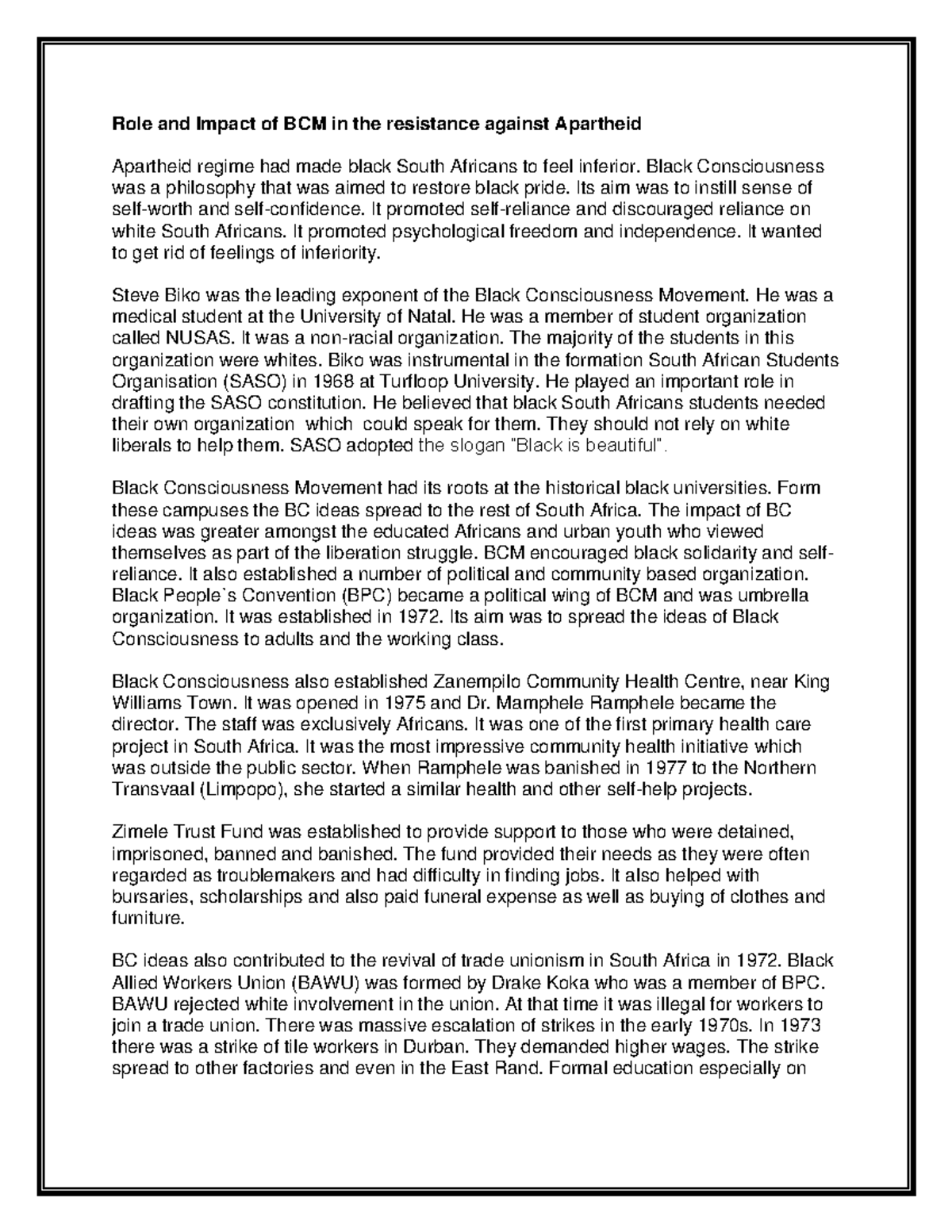 BCM - The Role of Black Consciousness in Apartheid Resistance - Studocu