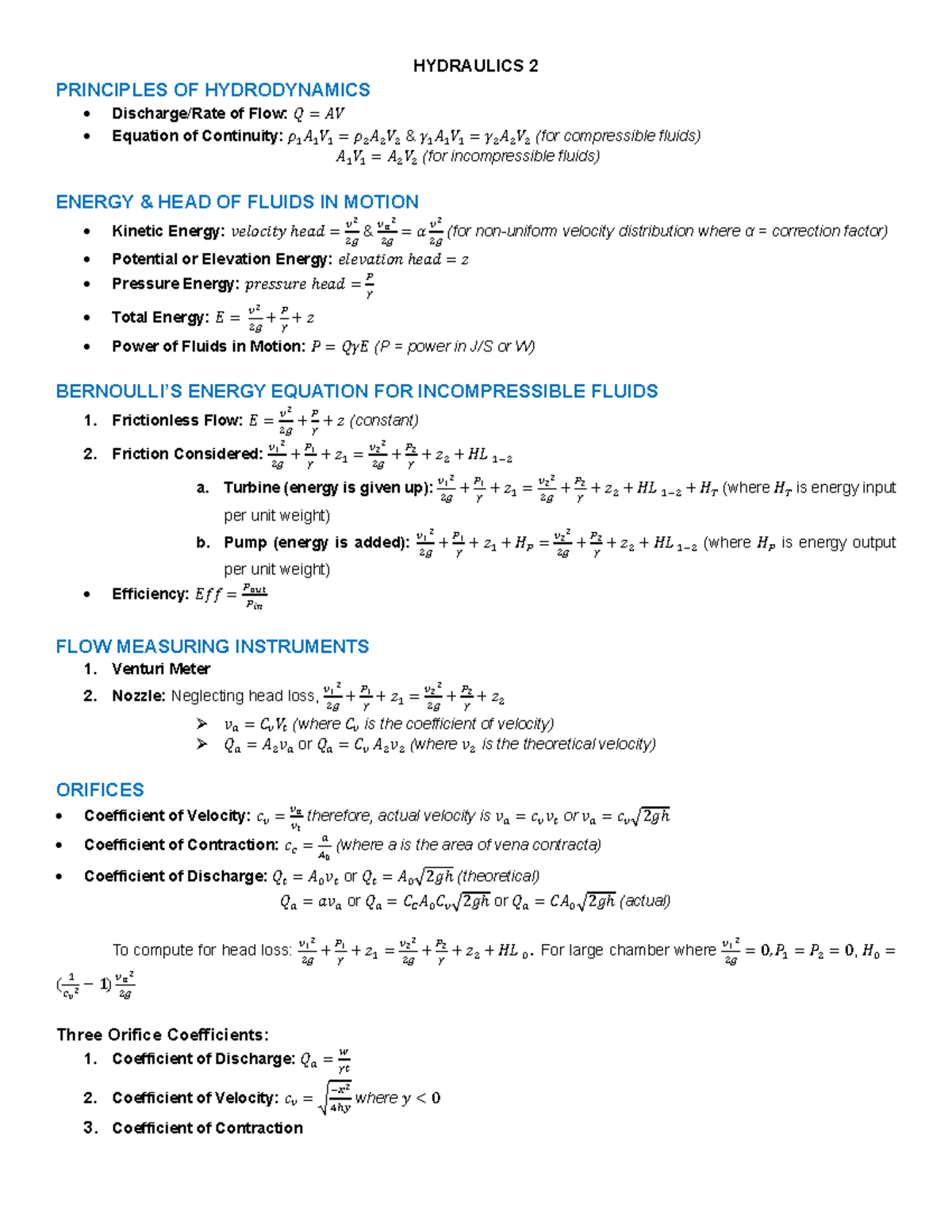 HYDRAULICS 2: Principles of Hydrodynamics & Flow Review - Studocu