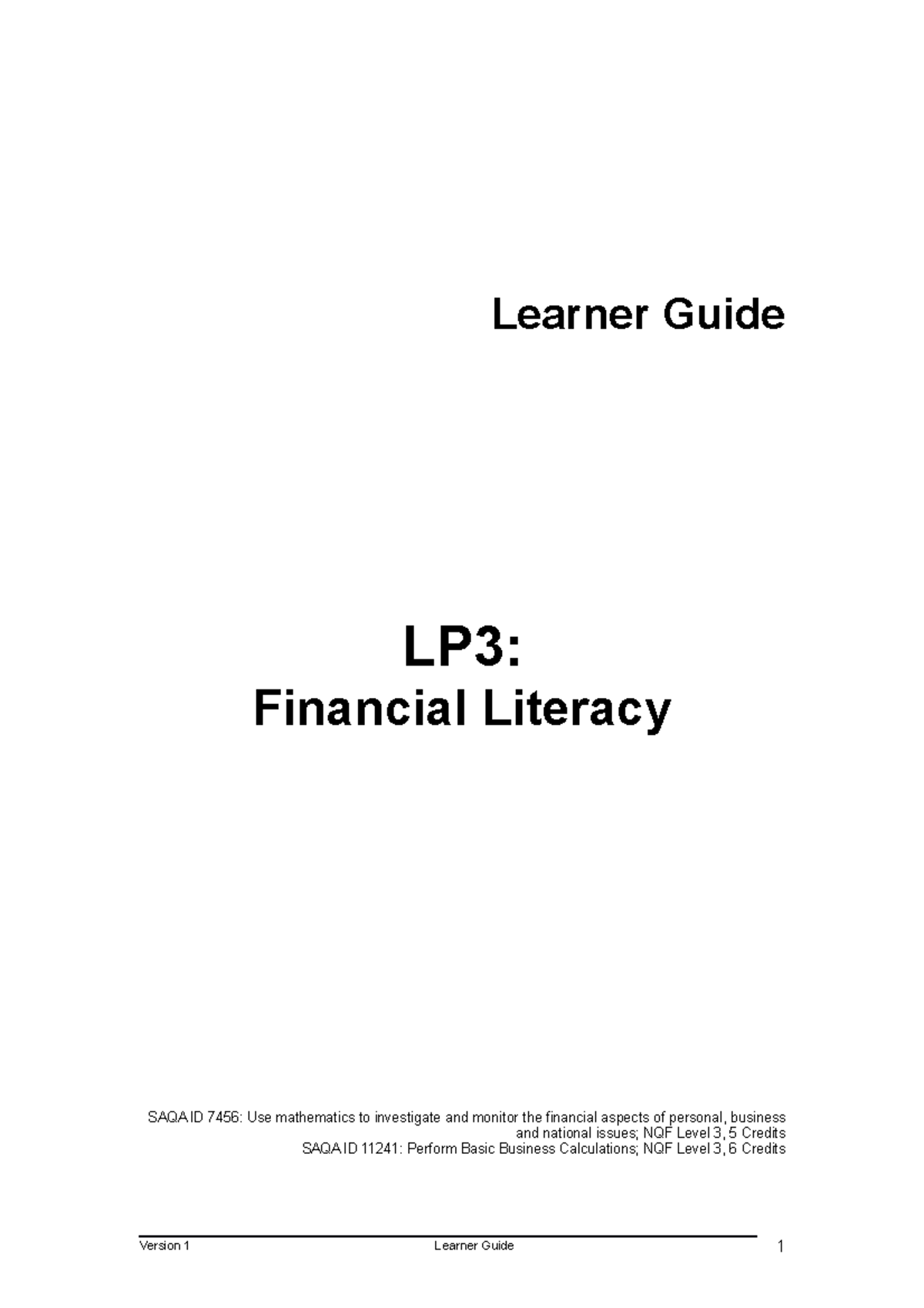 LP3 Learner Guide: Financial Literacy and Basic Business Calculations ...