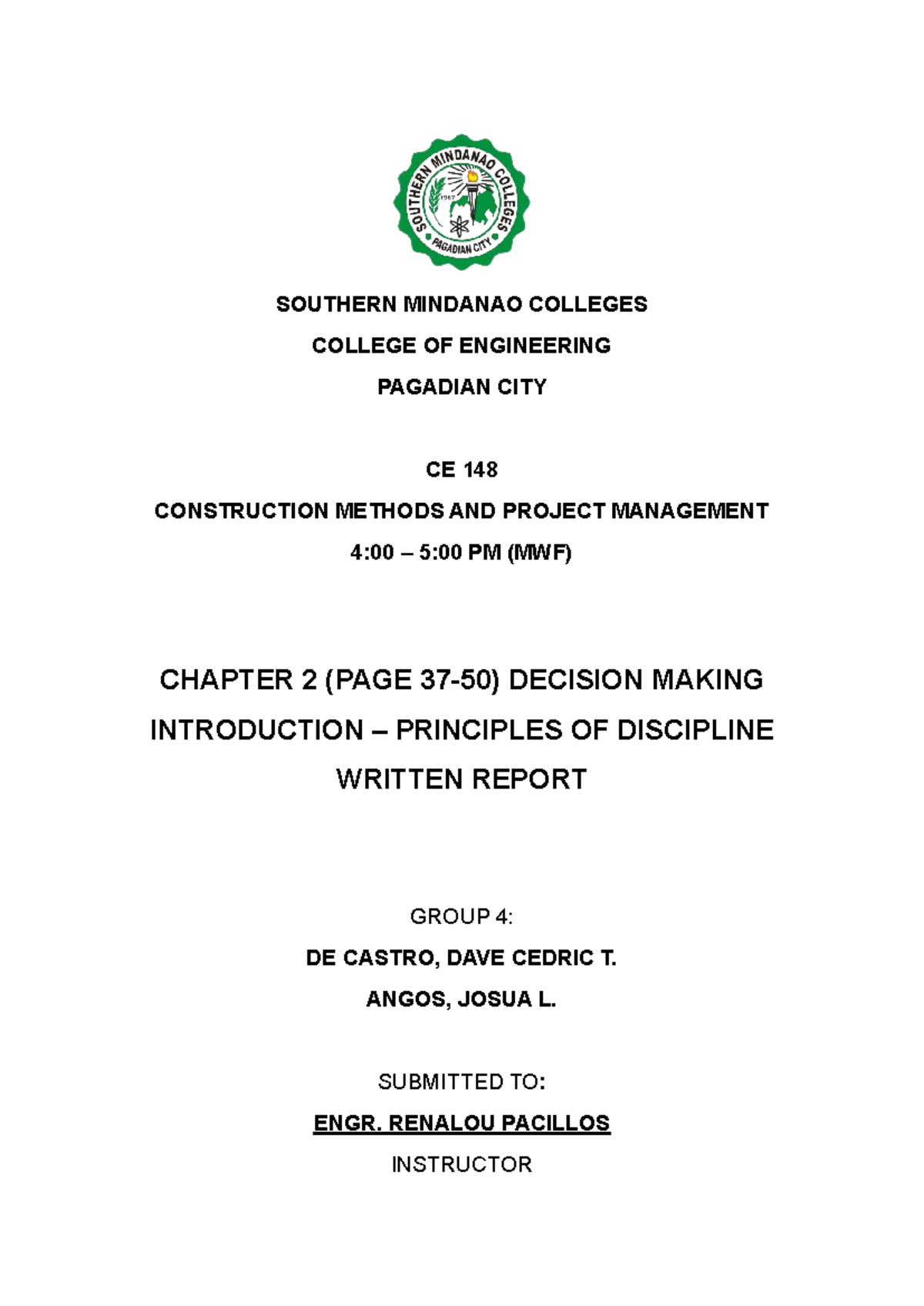 CE 148 Chapter 2: Decision Making & Principles of Discipline - Studocu