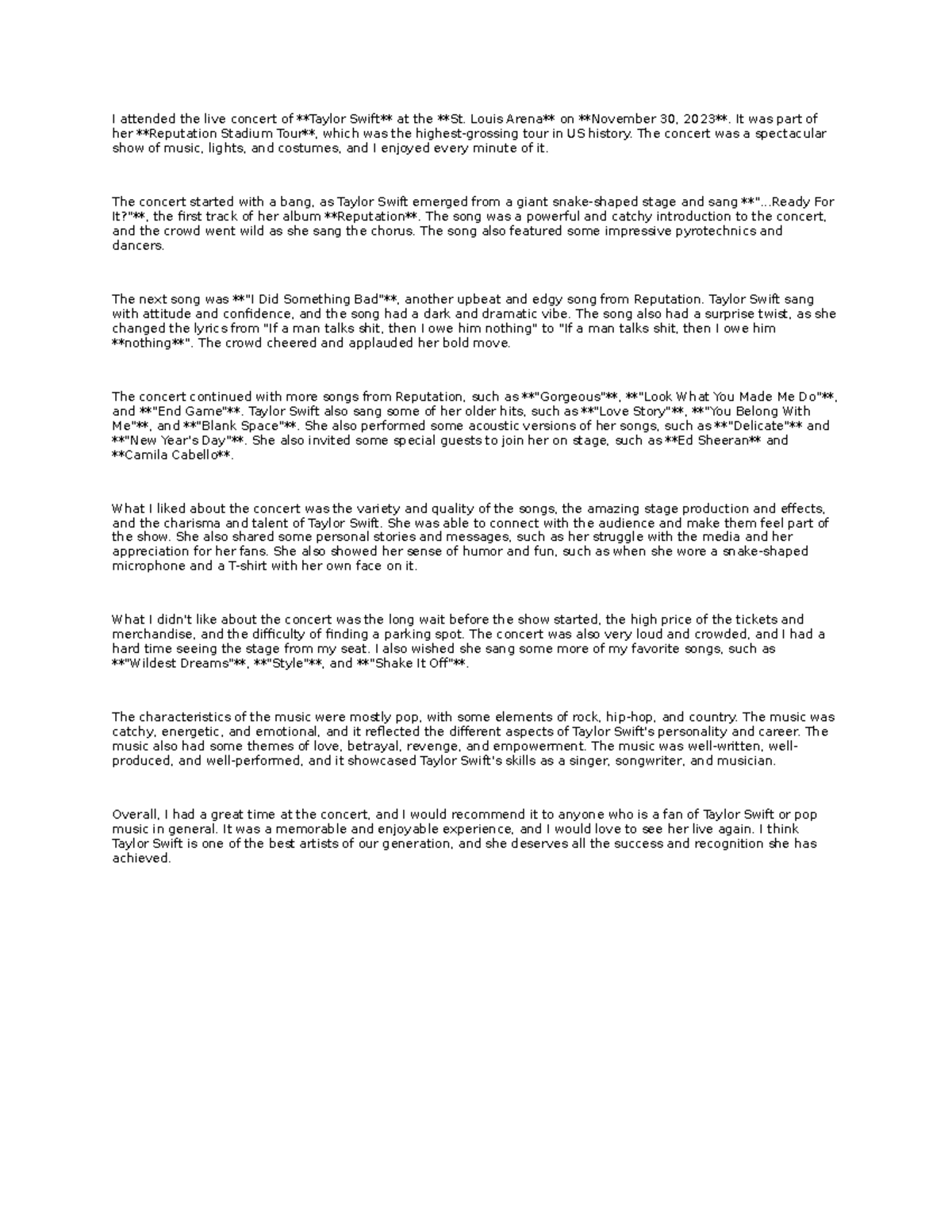 Taylor swift essay - I attended the live concert of Taylor Swift at the ...