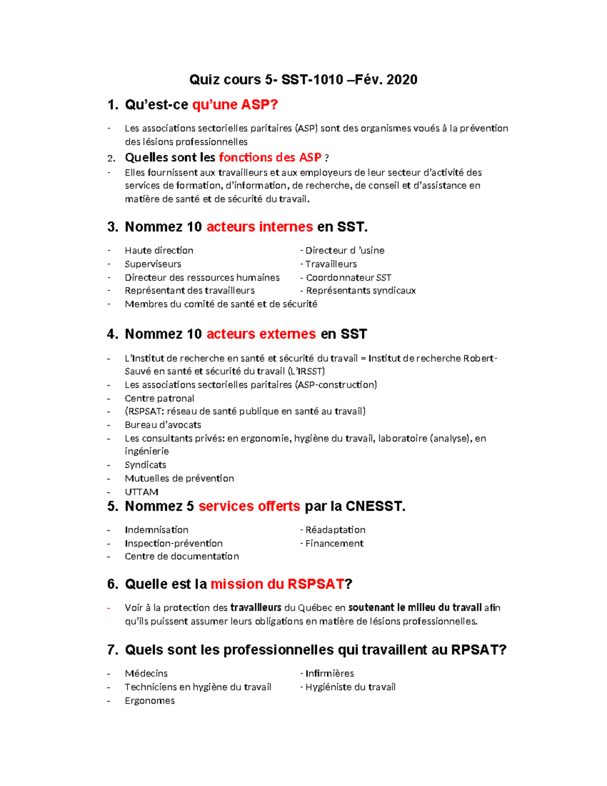 Quiz Cours 2020 - ASP: Acteurs Internes et Externes en SST - Studocu