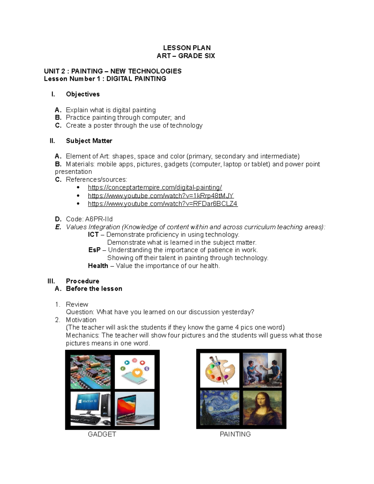Painting –NEW Technologies - LESSON PLAN ART – GRADE SIX UNIT 2 ...