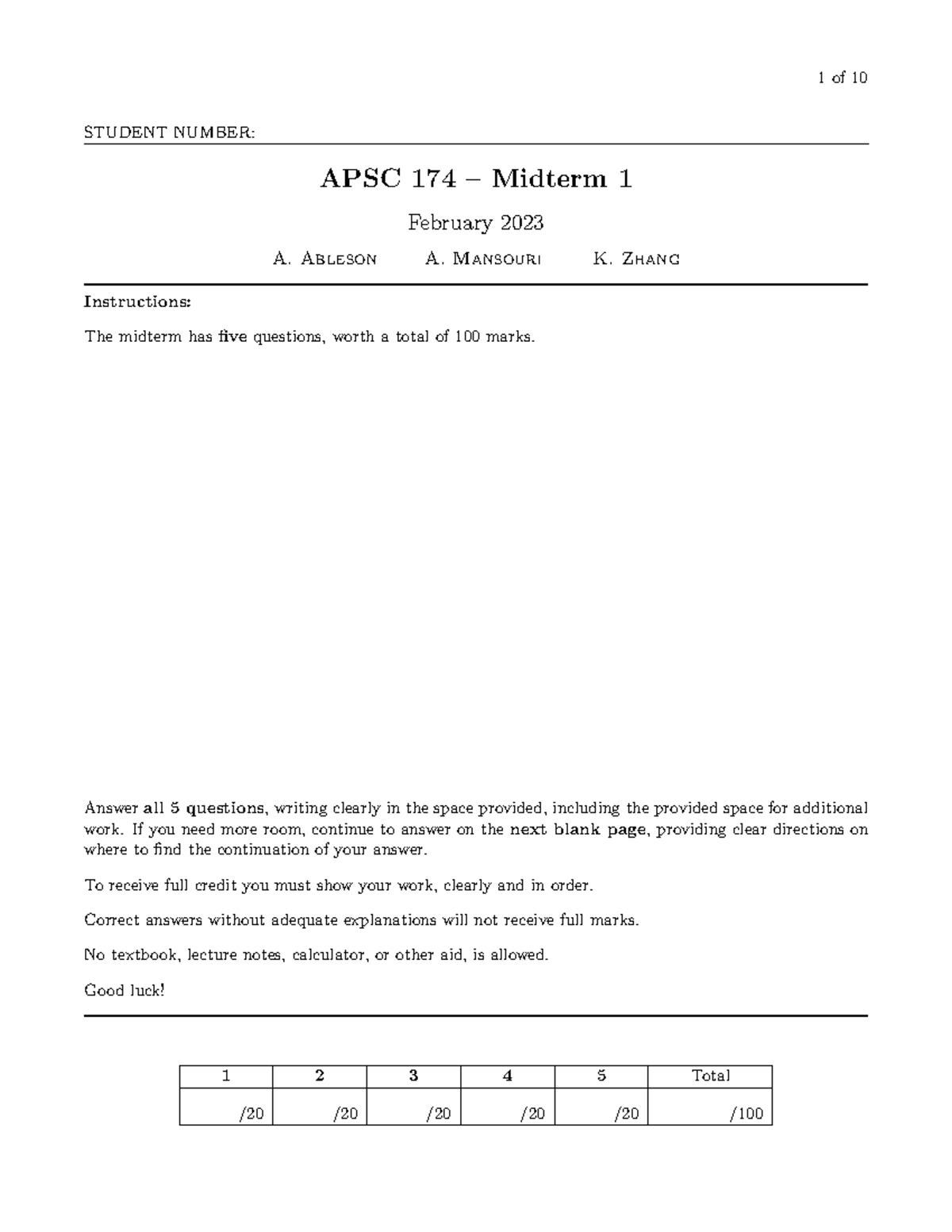 APSC 174 Midterm 1 Solutions - February 2023 - Studocu