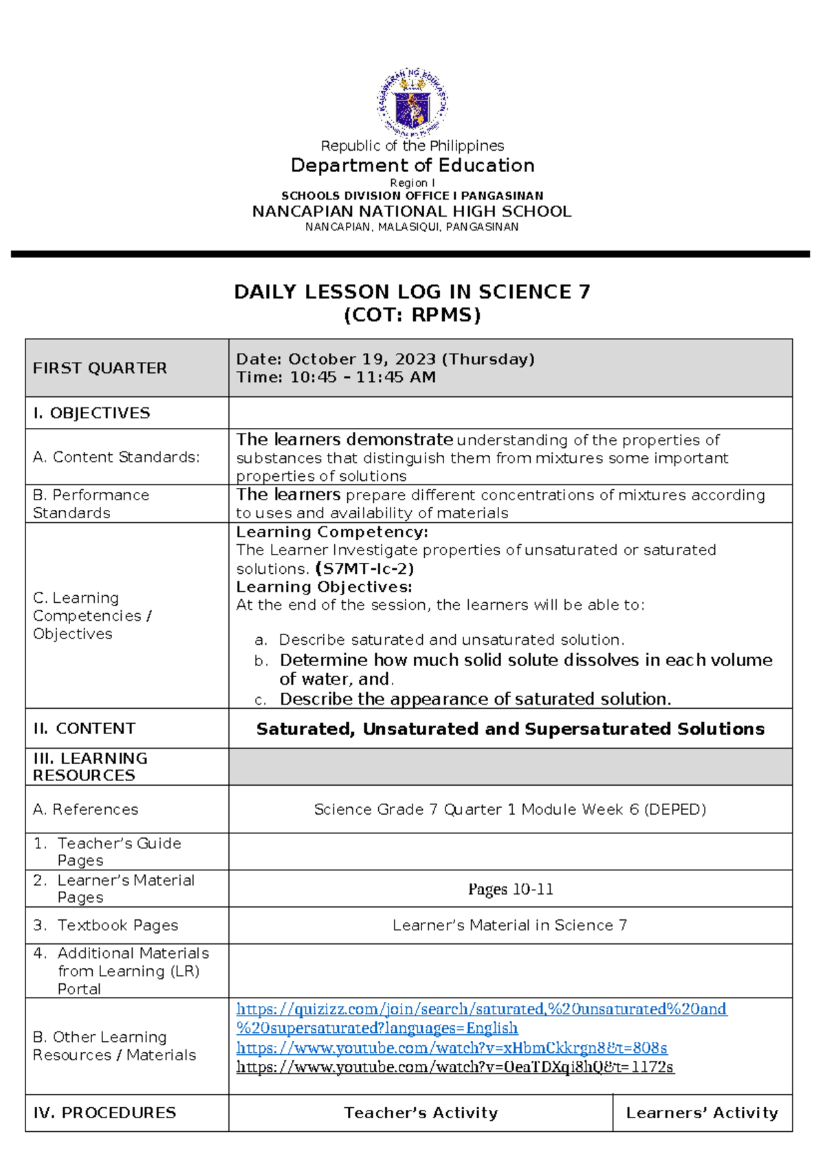 Daily Lesson Log (DLL) for Science 7: Solutions and Their Properties ...