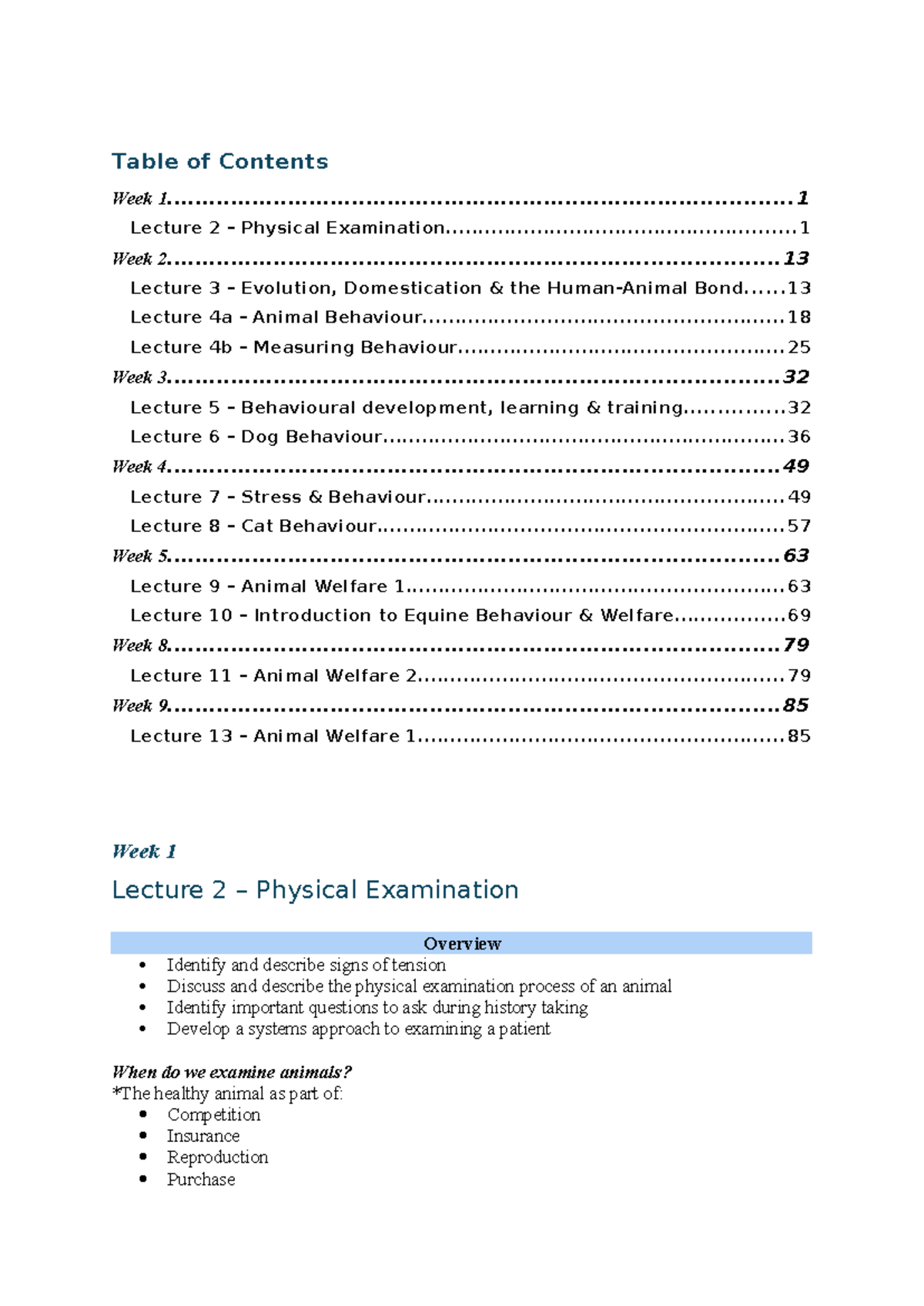 Veterinary Practice 1 Lecture Notes: Physical Exam & Animal Behavior ...