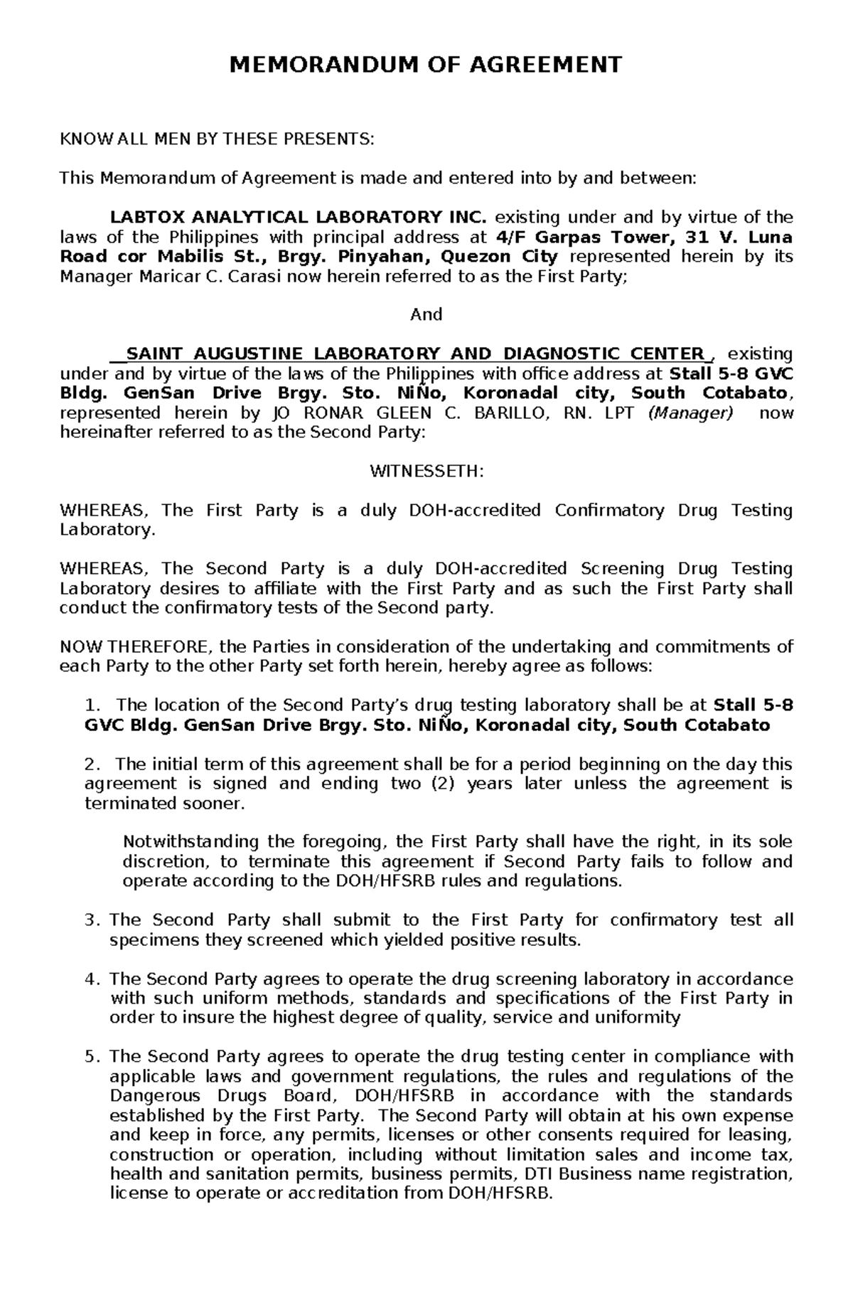 2026 MOA Template for Drug Testing Laboratories - Studocu