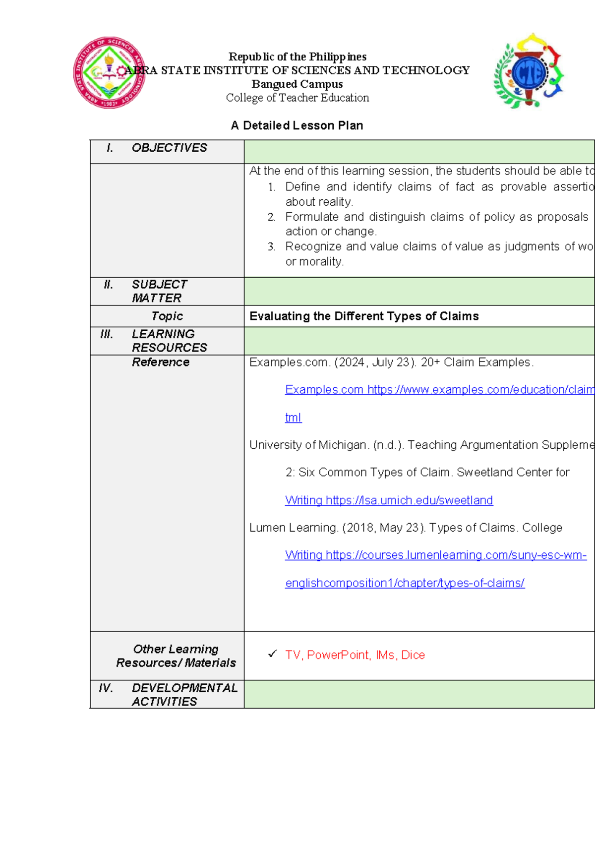 Types of Claims: Fact, Value, and Policy - Lesson Plan (CTE 101) - Studocu