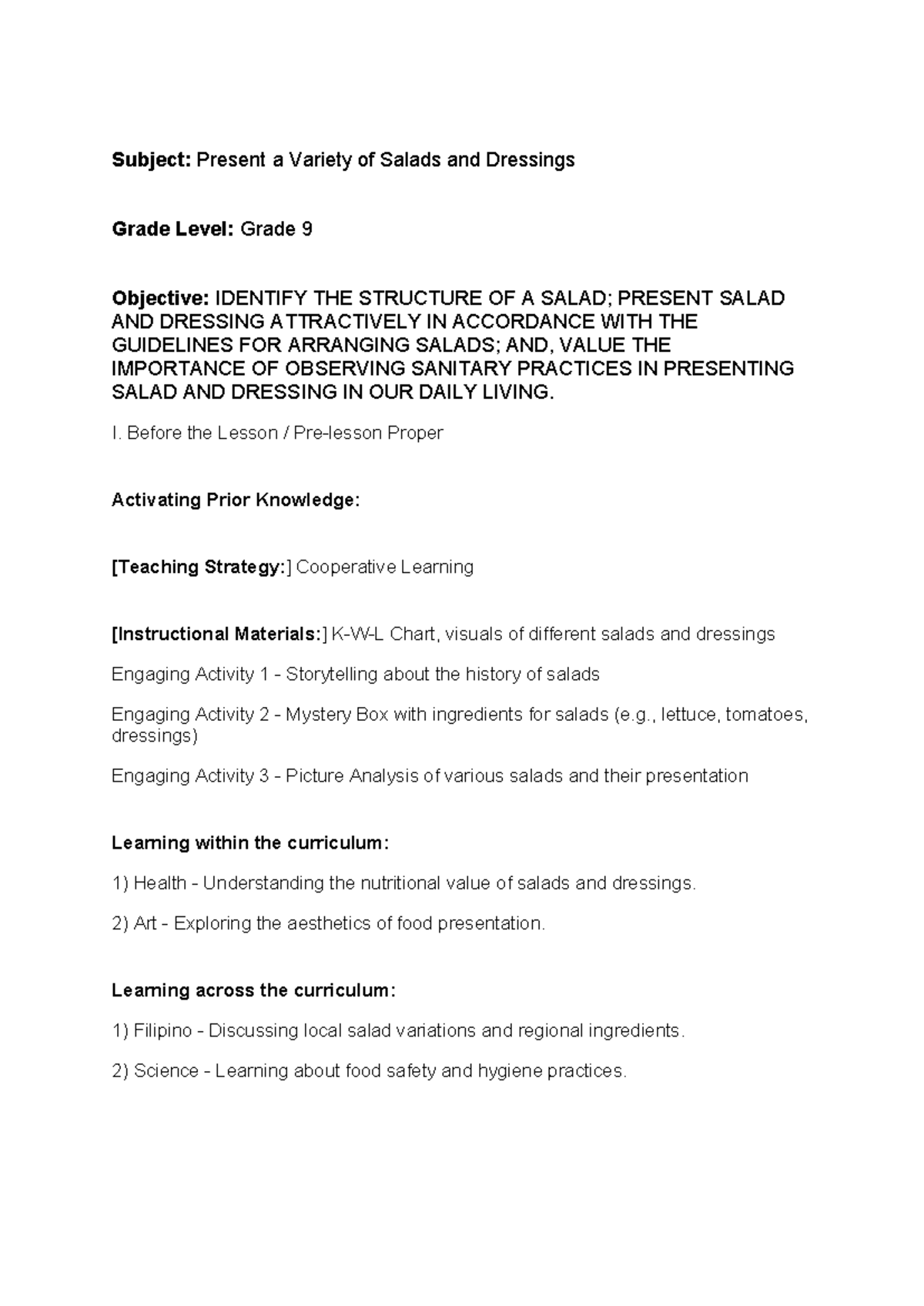 Detailed Lesson Plan for Grade 9: Presenting Salads & Dressings - Studocu