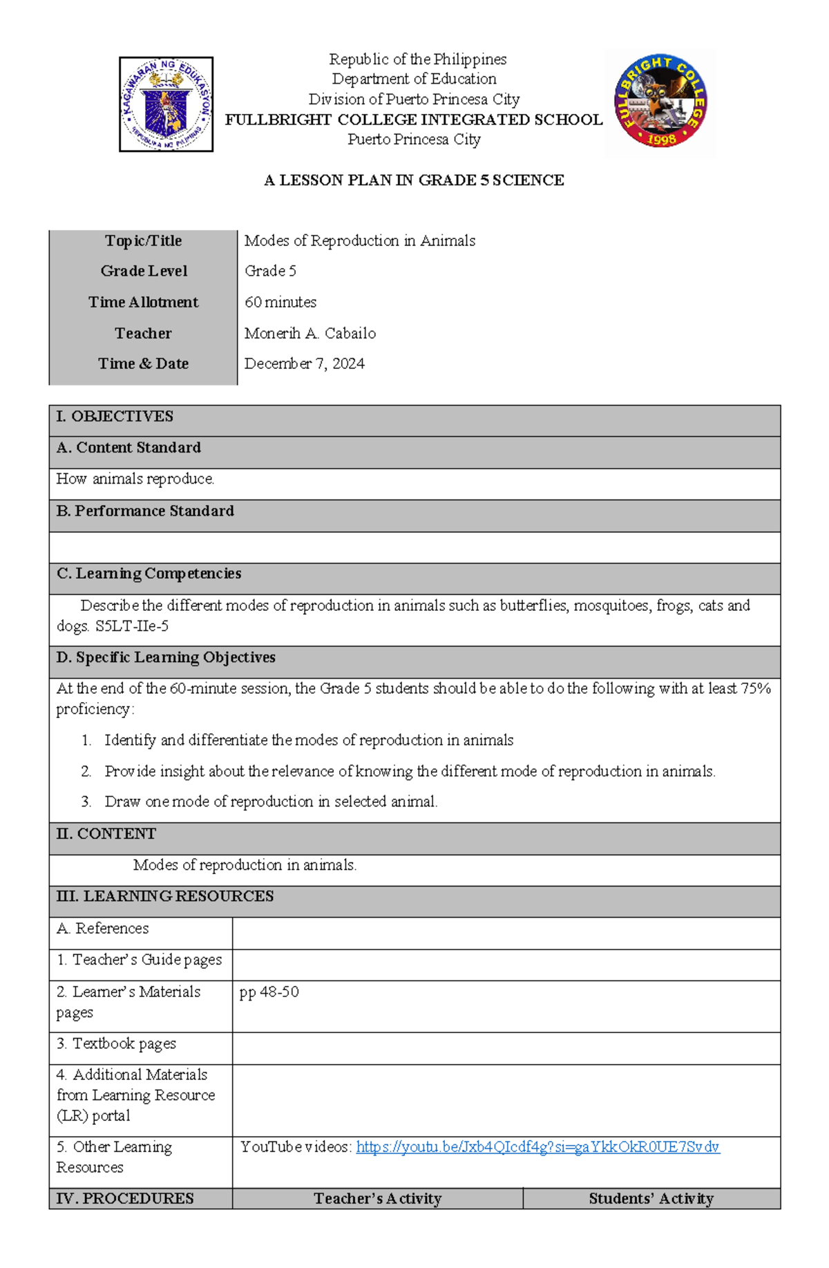 Grade 5 Science Lesson Plan: Understanding Modes of Reproduction in ...
