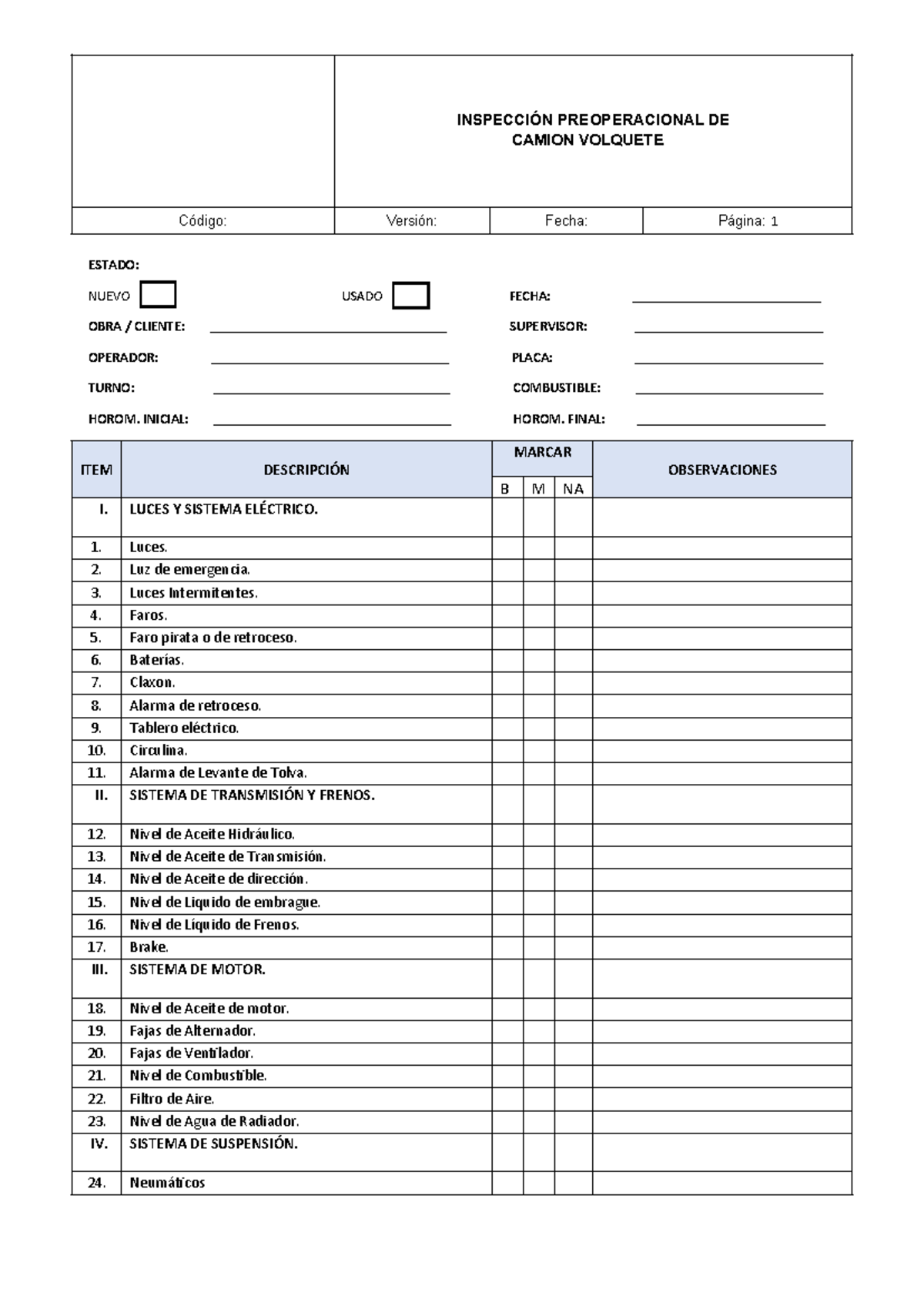 Checklist de Inspección Preoperacional de Camión Volquete 752013 - Studocu