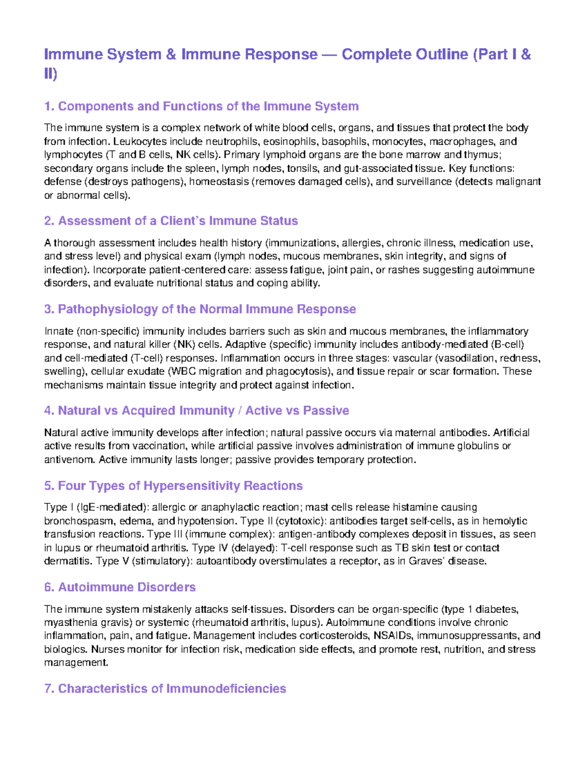 Immune System Outline (Part I & II) - Comprehensive Review for Nursing ...