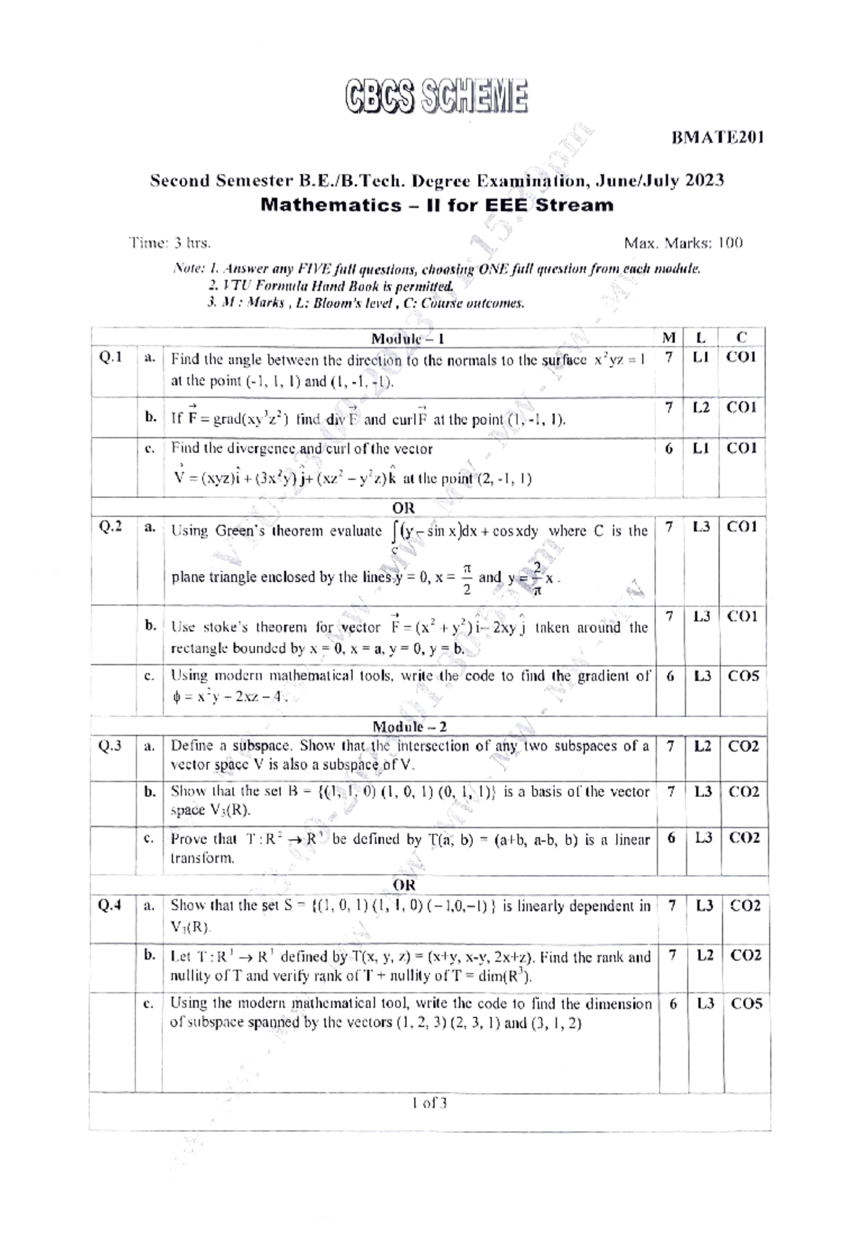 BMATE201 Mathematics - I Exam Paper June/July 2023 - Studocu