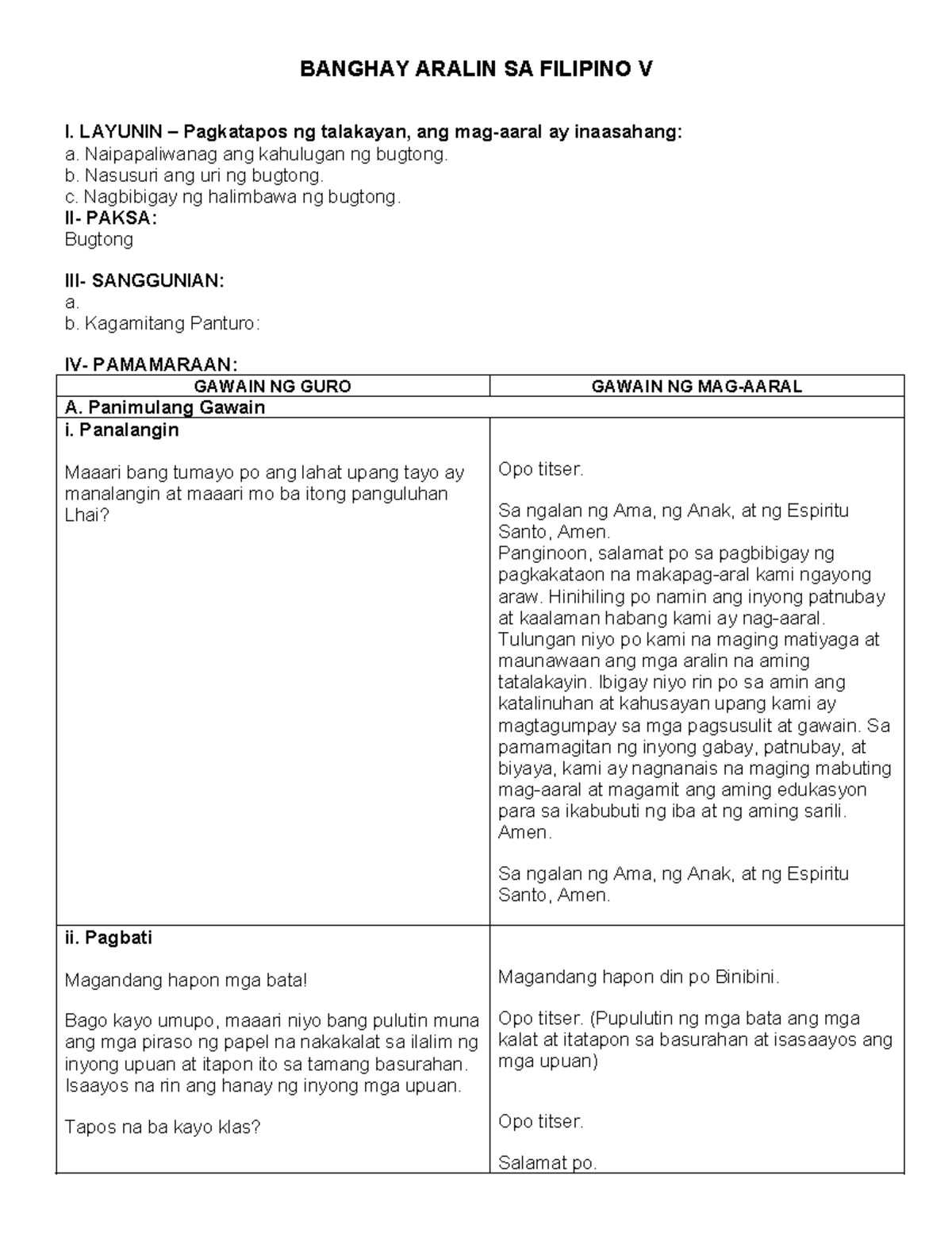 BANGHAY ARALIN SA FILIPINO V: Pag-aaral ng Bugtong at mga Uri Nito - Studocu