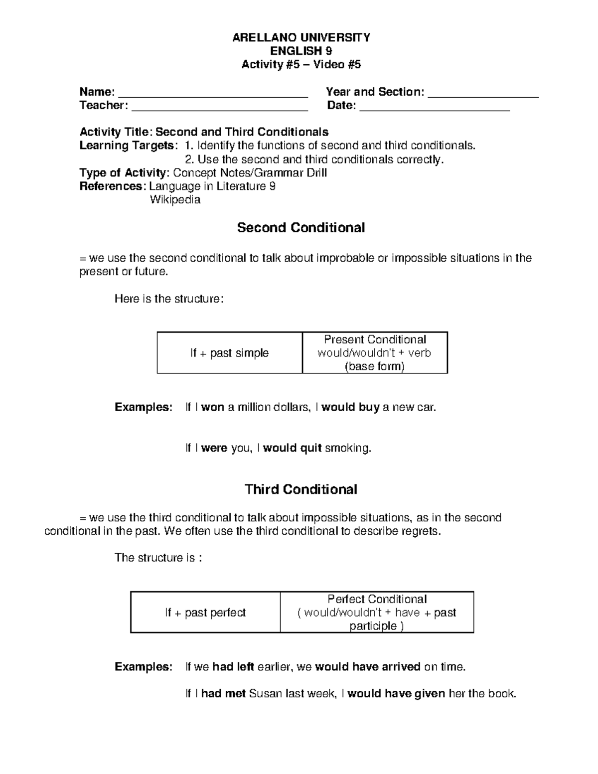English 9 Lesson 5: Understanding Second and Third Conditionals - Studocu