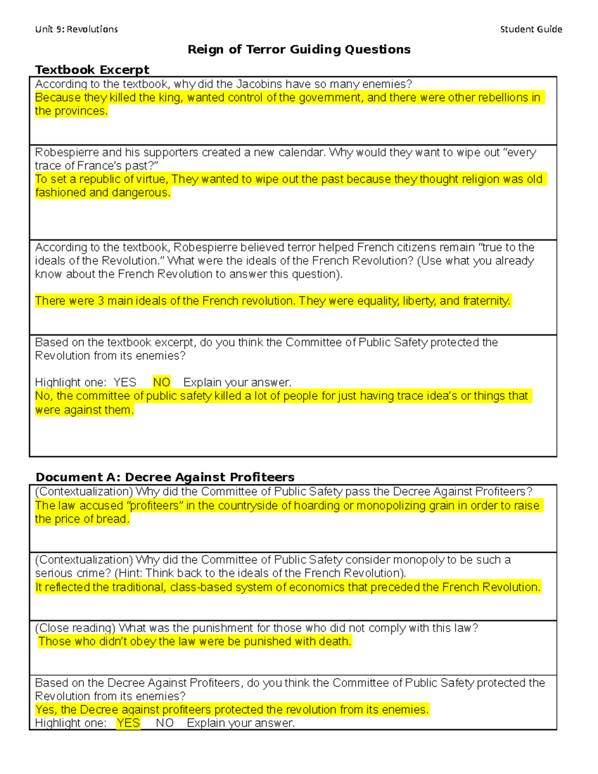 Reign of Terror: Unit 9 Revolutions Student Guide & Key Qs - Studocu