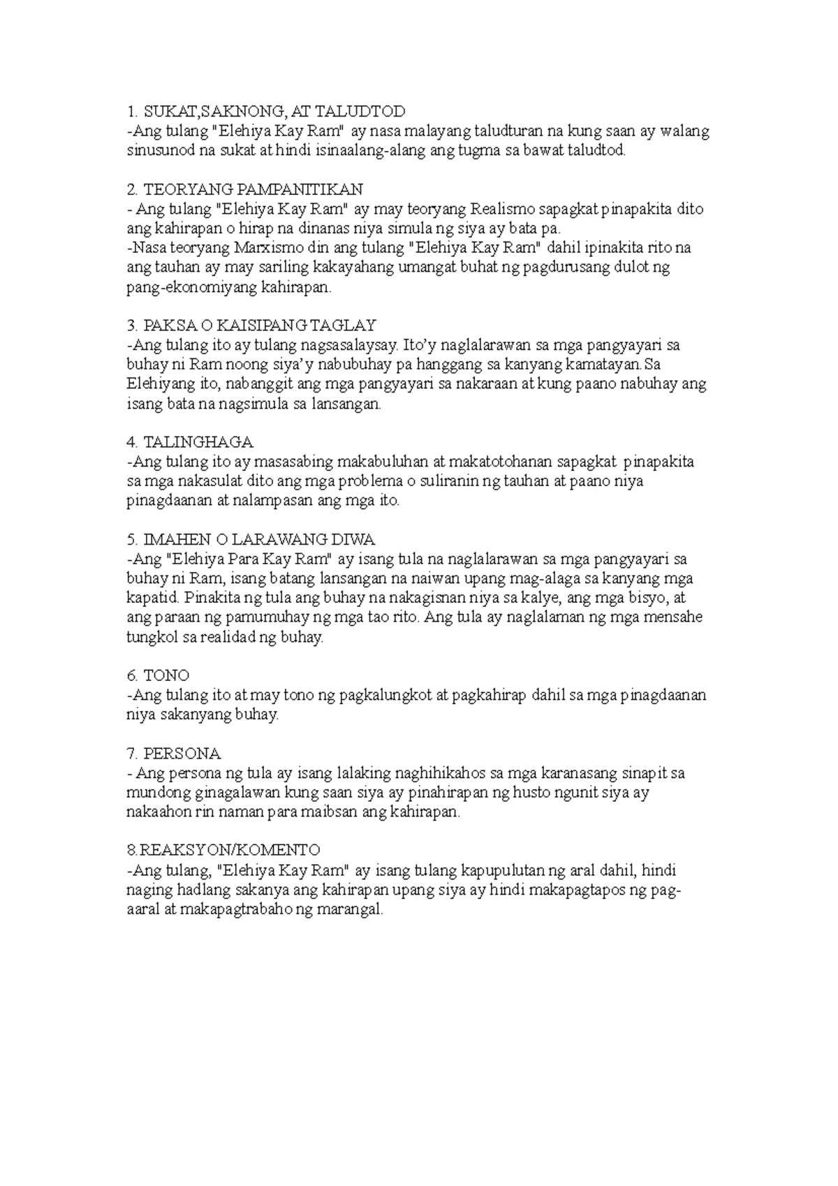 Elehiya kay ram - 1. SUKAT,SAKNONG, AT TALUDTOD -Ang tulang "Elehiya ...