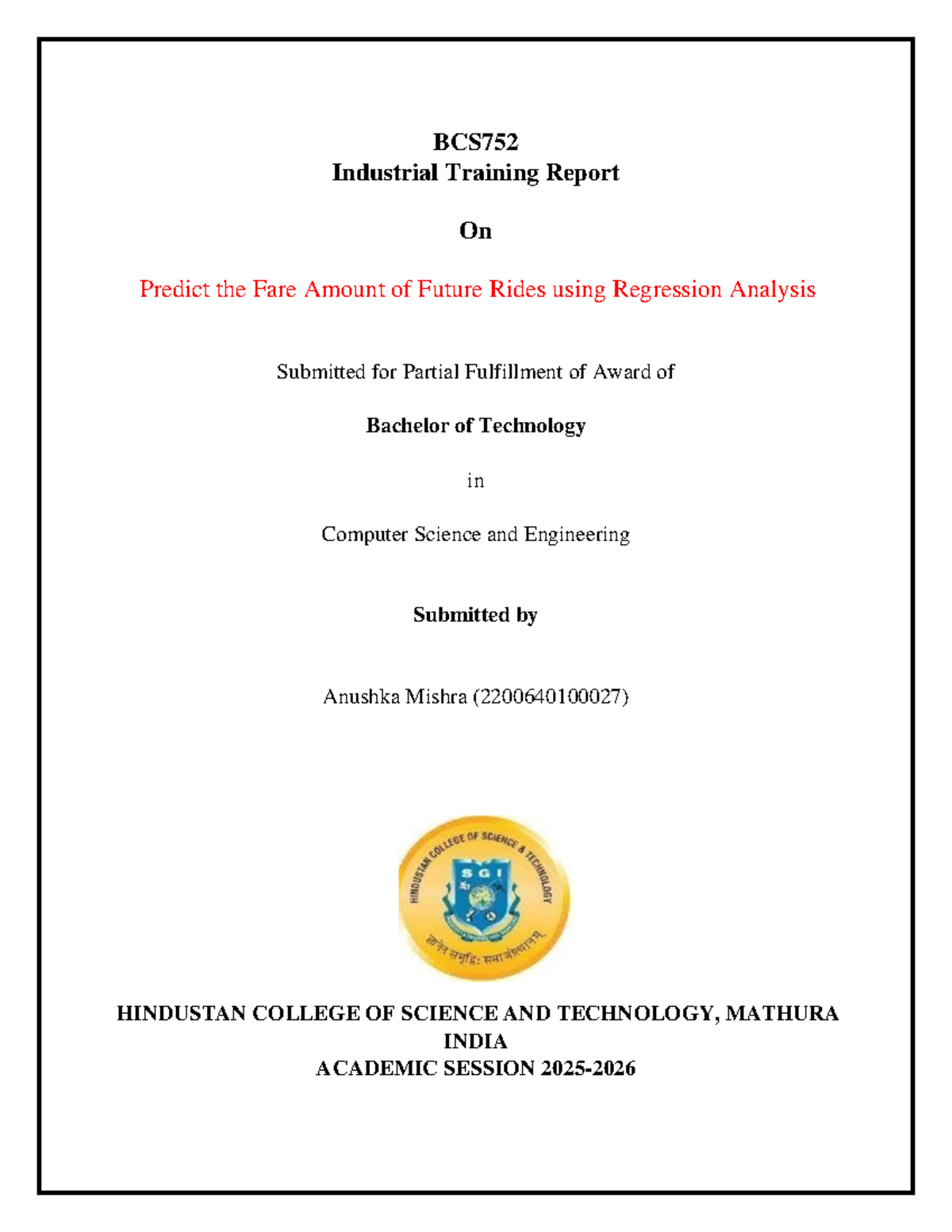 BCS752 Industrial Training Report: Fare Prediction Using Regression ...